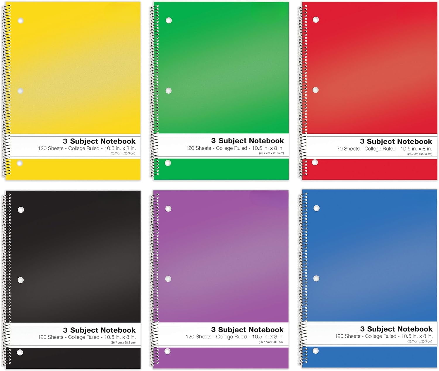 Spiral Notebooks 3-Subject, 6 Pack, College Rule, 120 Sheet Notebook ...