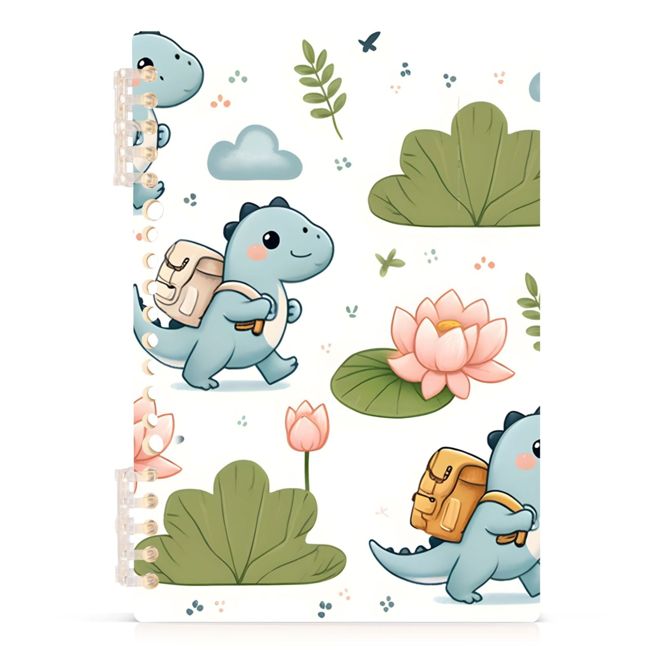 Spiral Notebooks Cute Dinosaur with Backpack and Lotus 60 Sheets 120 ...