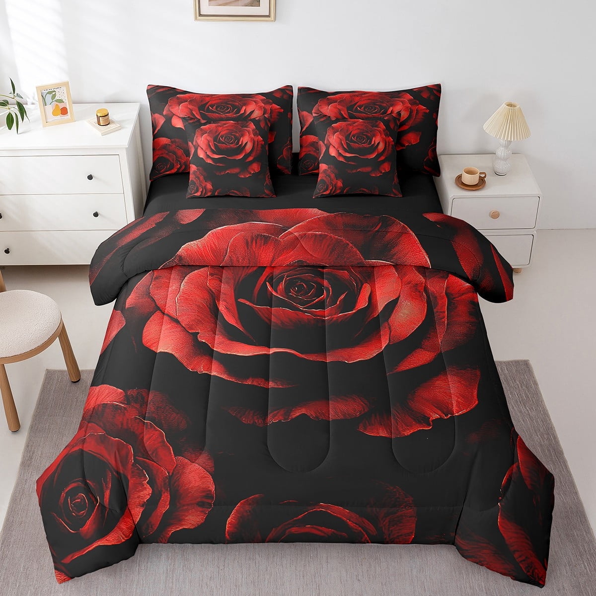Spiral Roses Bed in a Bag Full,Red Black Romantic Floral Comforter Set ...