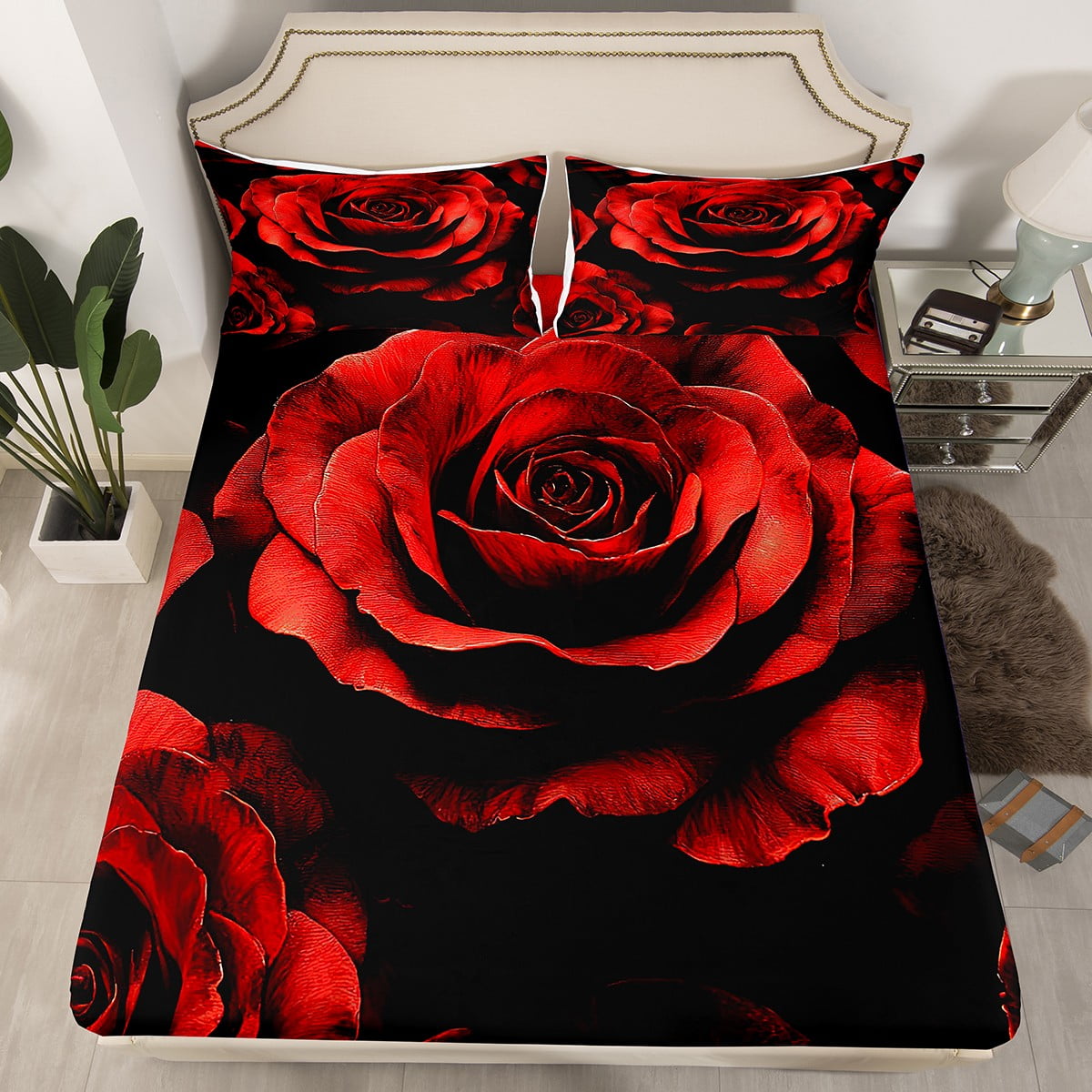Spiral Roses Bed Set Queen Size,Red Black Romantic Floral Fitted Sheet ...