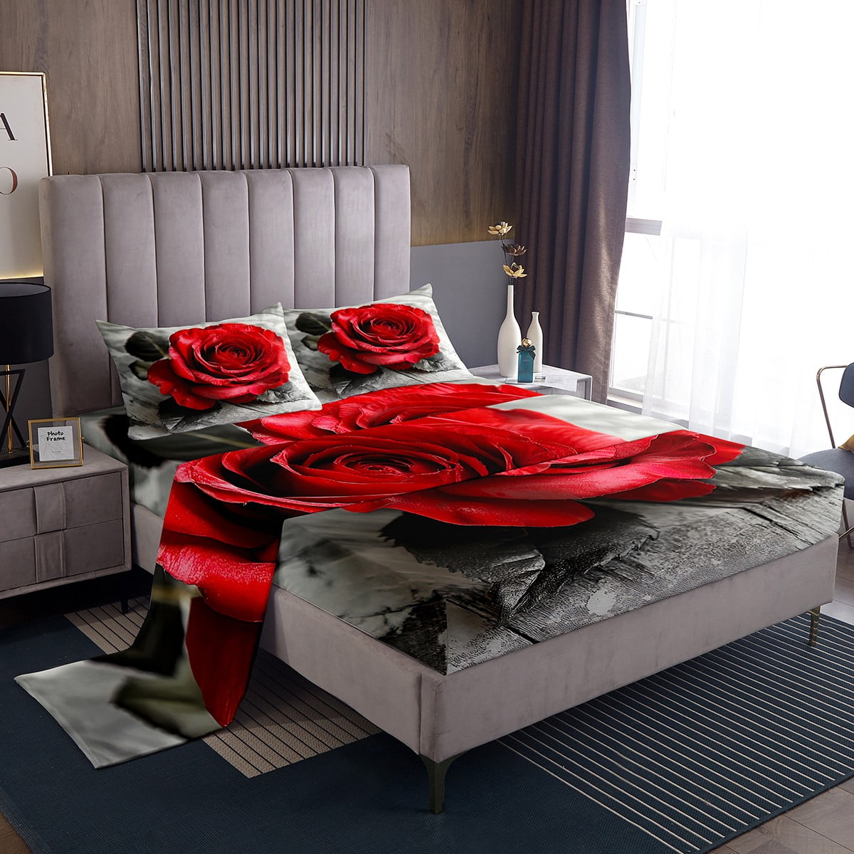 Spiral Roses Bed Set Twin Size,Red Black Romantic Floral Flat Fitted ...