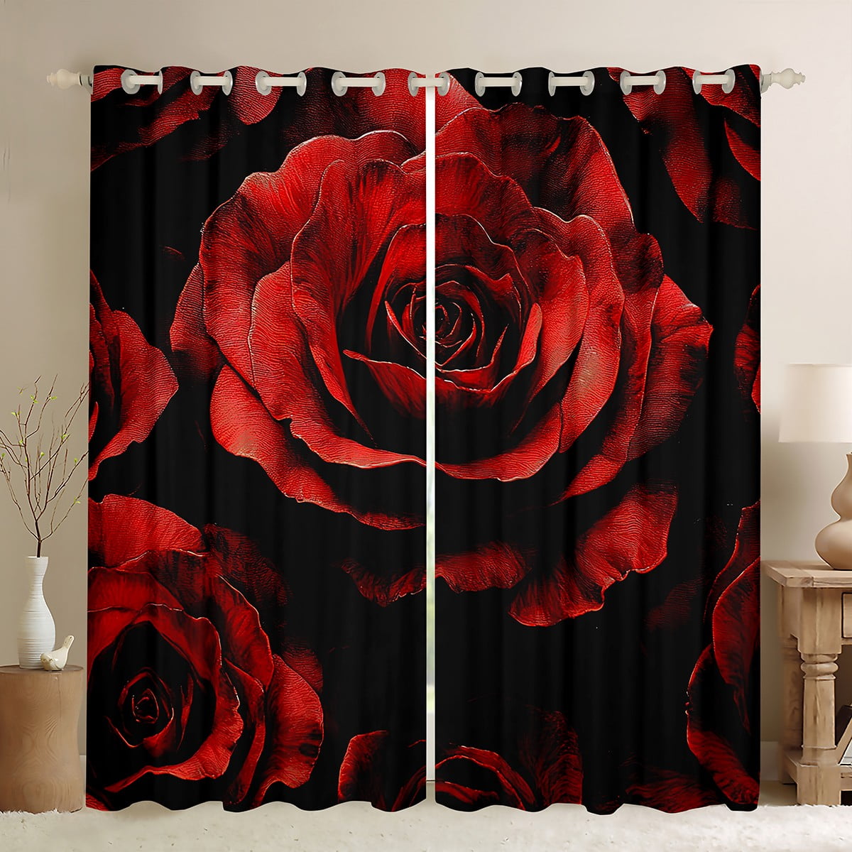 Spiral Roses Insulated Thermal Curtains,Red Black Romantic Floral ...