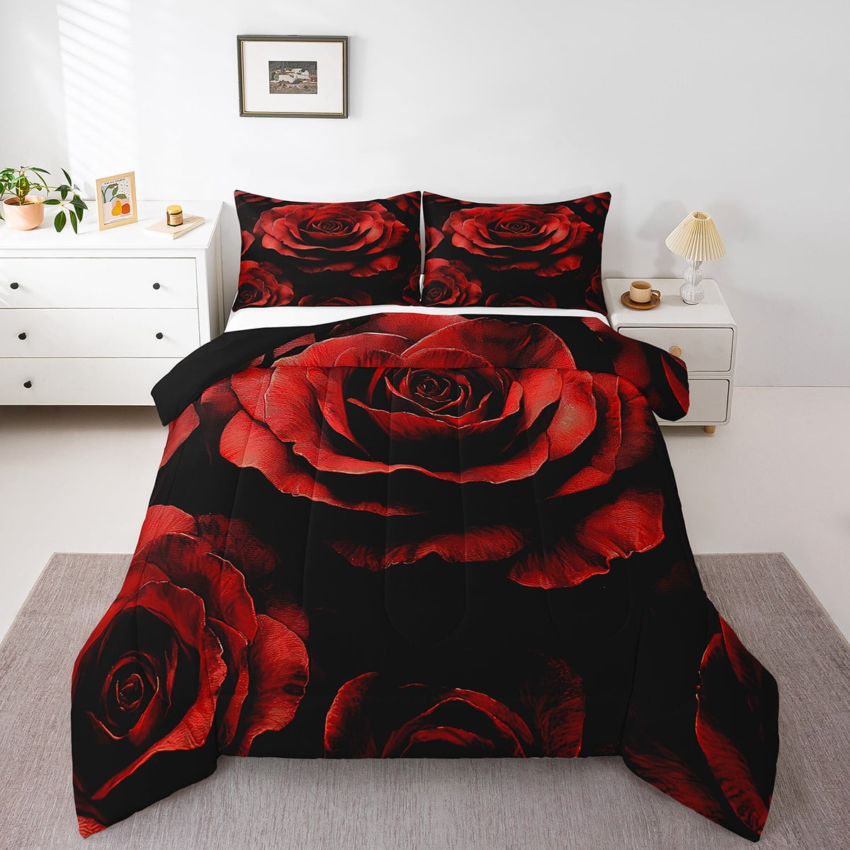 Spiral Roses Queen Size Duvet Insert,Red Black Romantic Floral ...