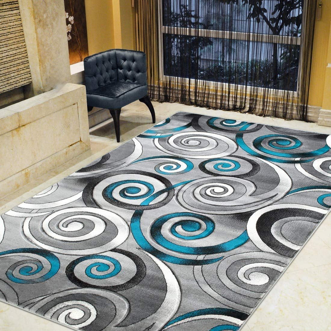 Spiral/Swirls Modern Contemporary Hand Carved Area Rug-Silver/Turquoise ...
