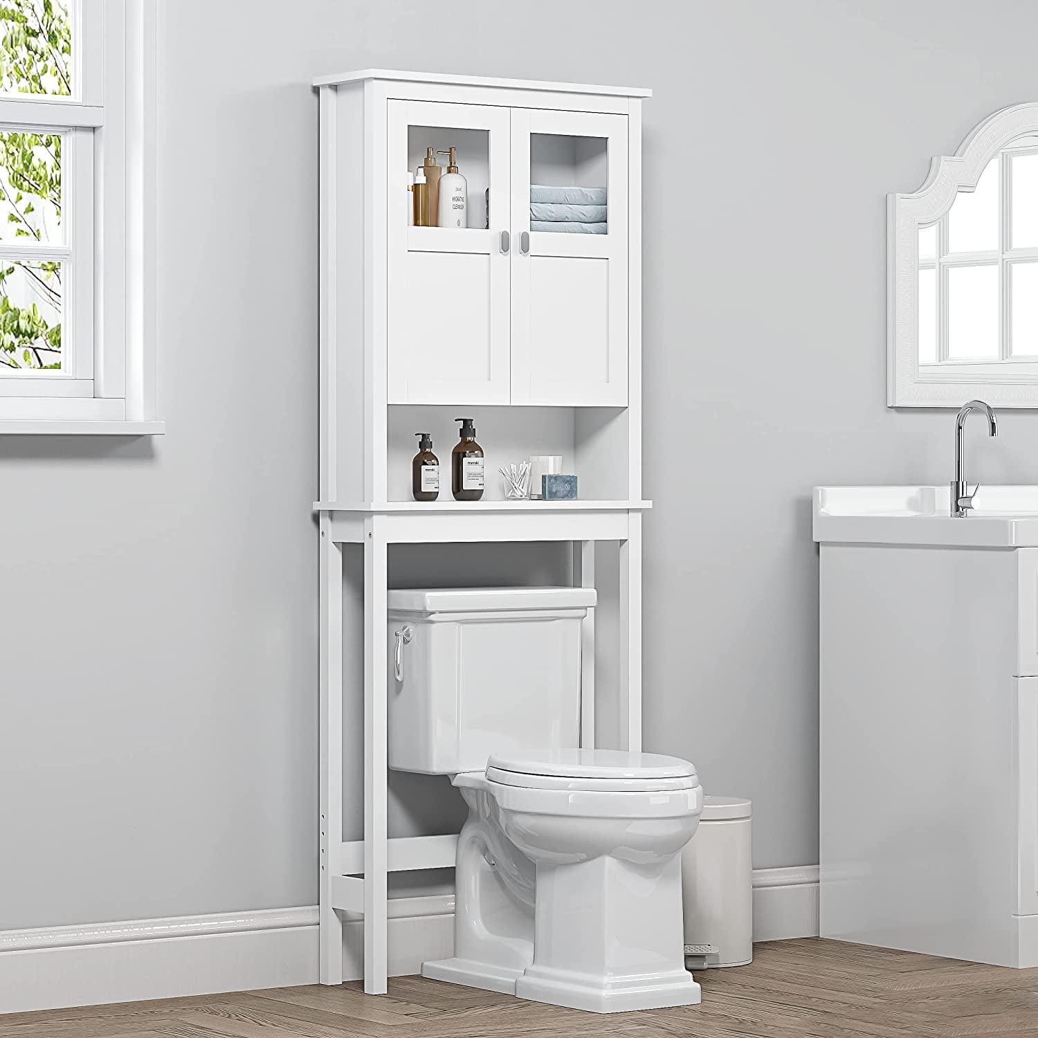 Spirich Sturdy Wood Bathroom Cabinet with Glass Doors, Adjustable ...