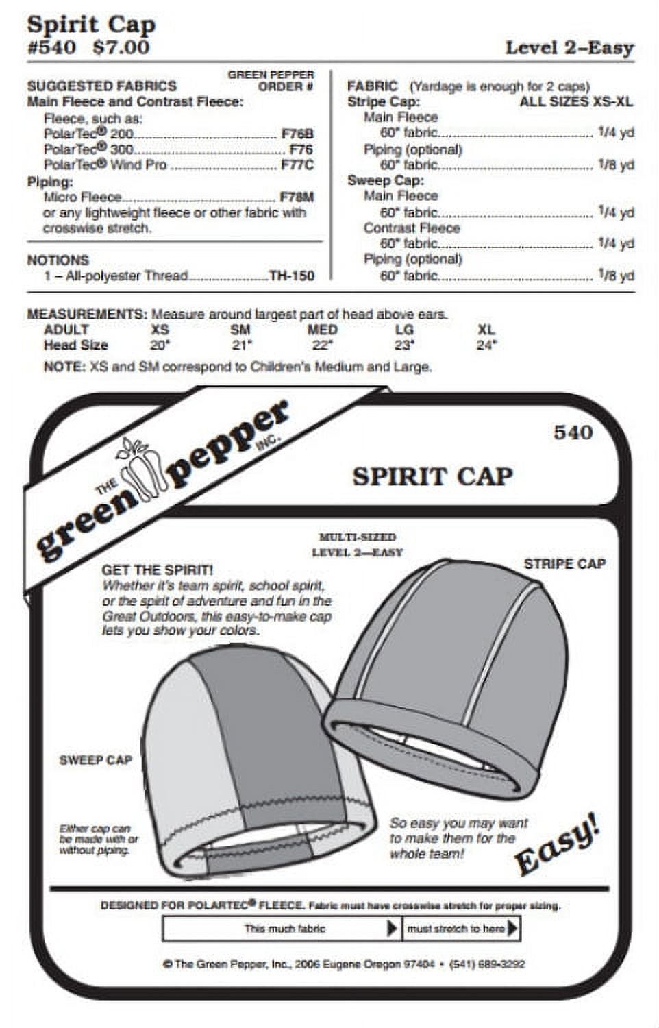 Spirit Cap Hat Headgear Head-wear #540 Sewing Pattern (Pattern Only ...