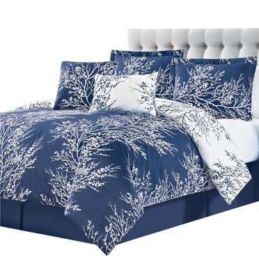 My Texas House Veronica 3-Piece Blue Floral Cotton Slub Comforter Set ...