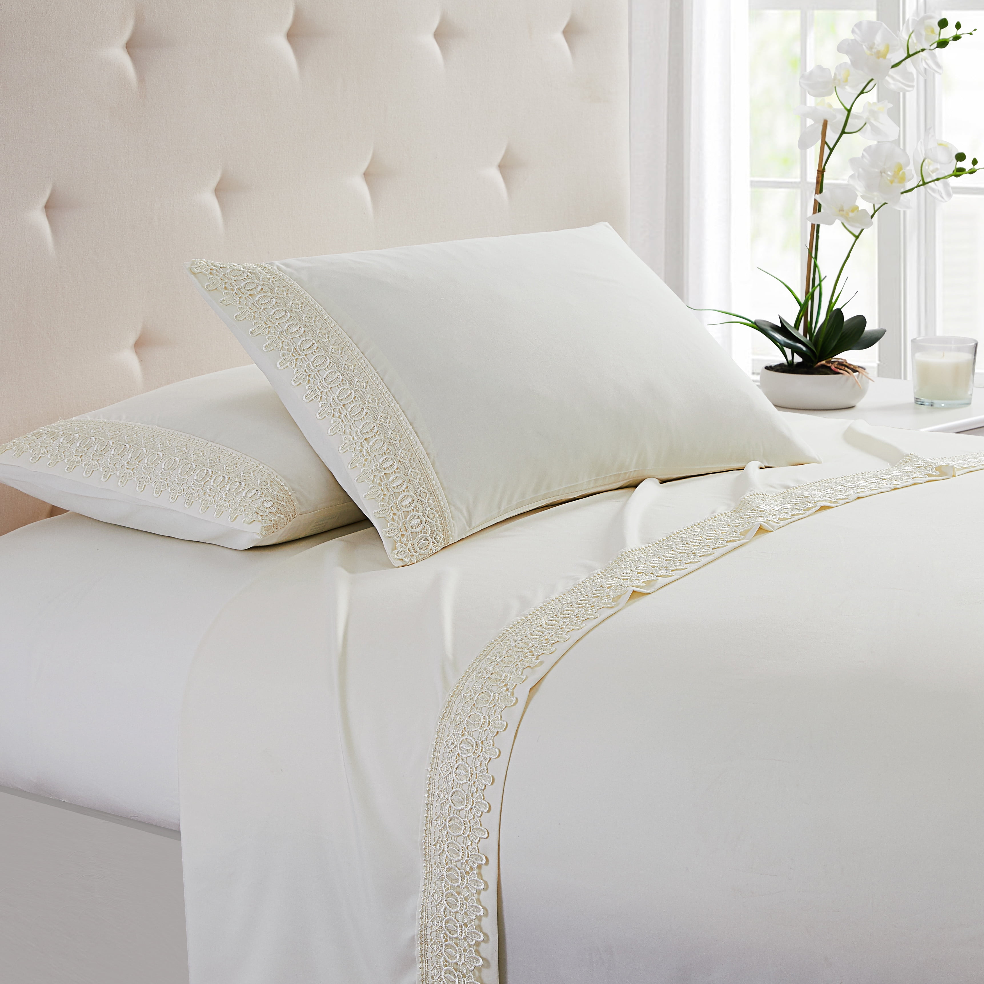 Spirit Linen Home Est. 1988 Lace Microfiber Sheet Set - Queen, Ivory ...