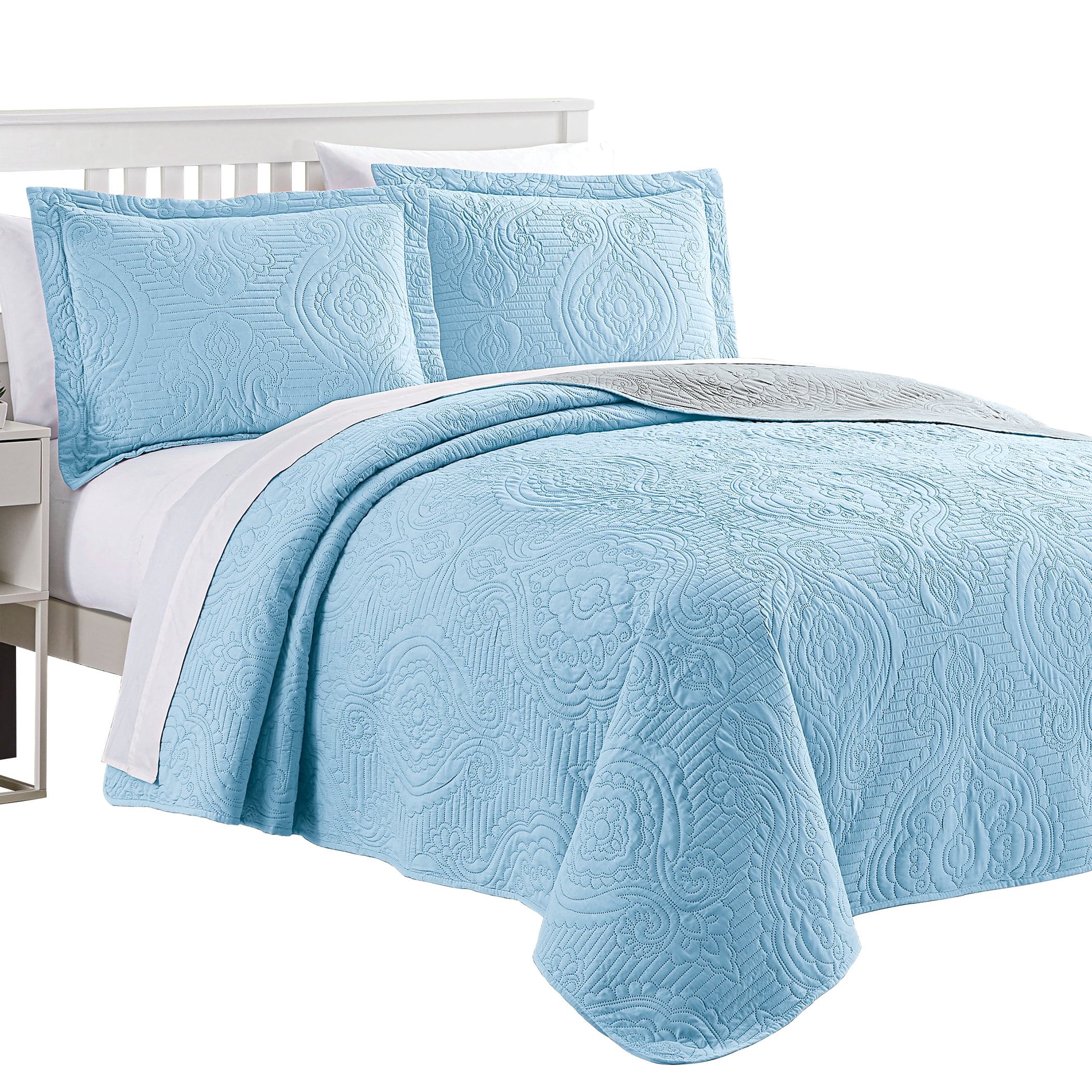 Spirit Linen Home - King Microfiber Madison Light Blue/Gray Quilt Set ...