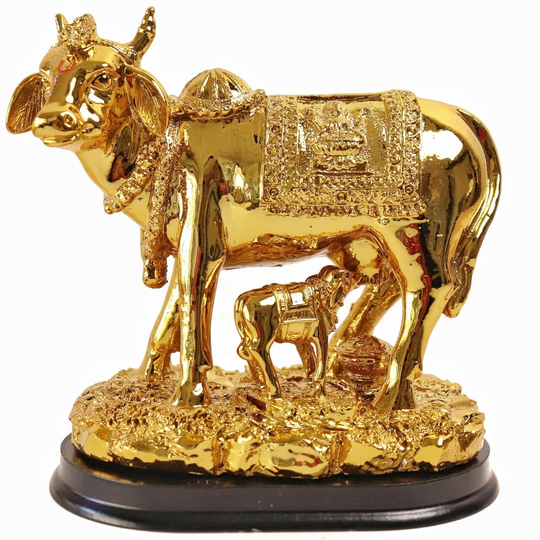 The Spiritual Living Gold Plated Kamdhenu Cow with Calf 6 INCH Cow and ...