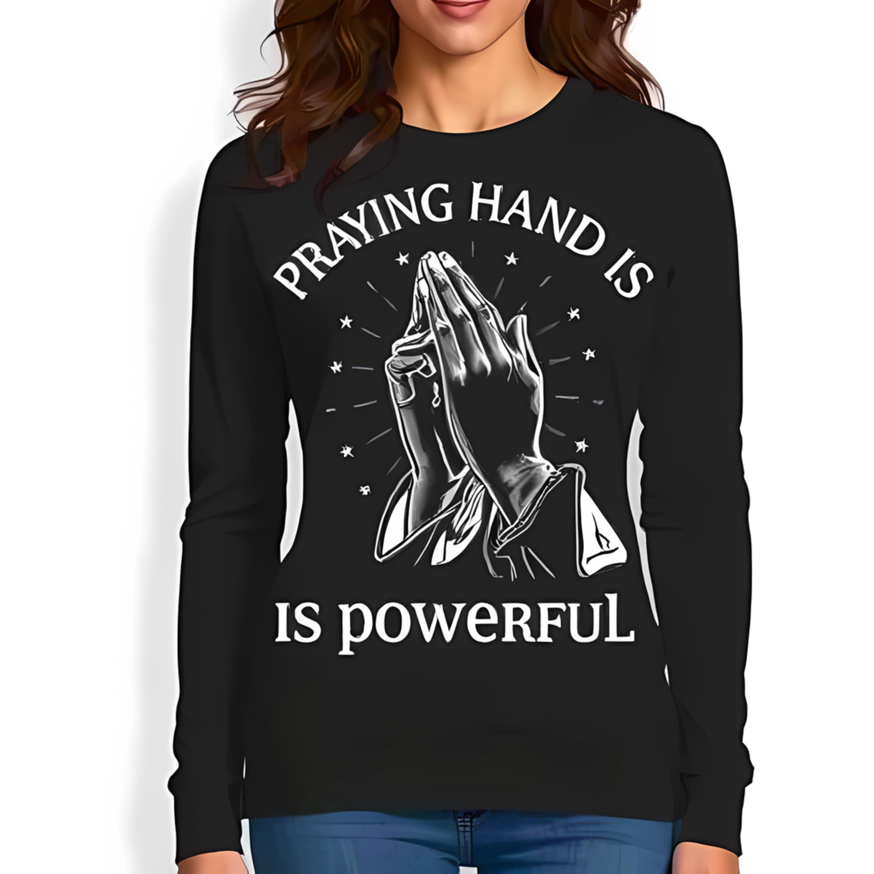 Spiritual Long Sleeve T-Shirt with Bold Praying Hands Graphic Design ...