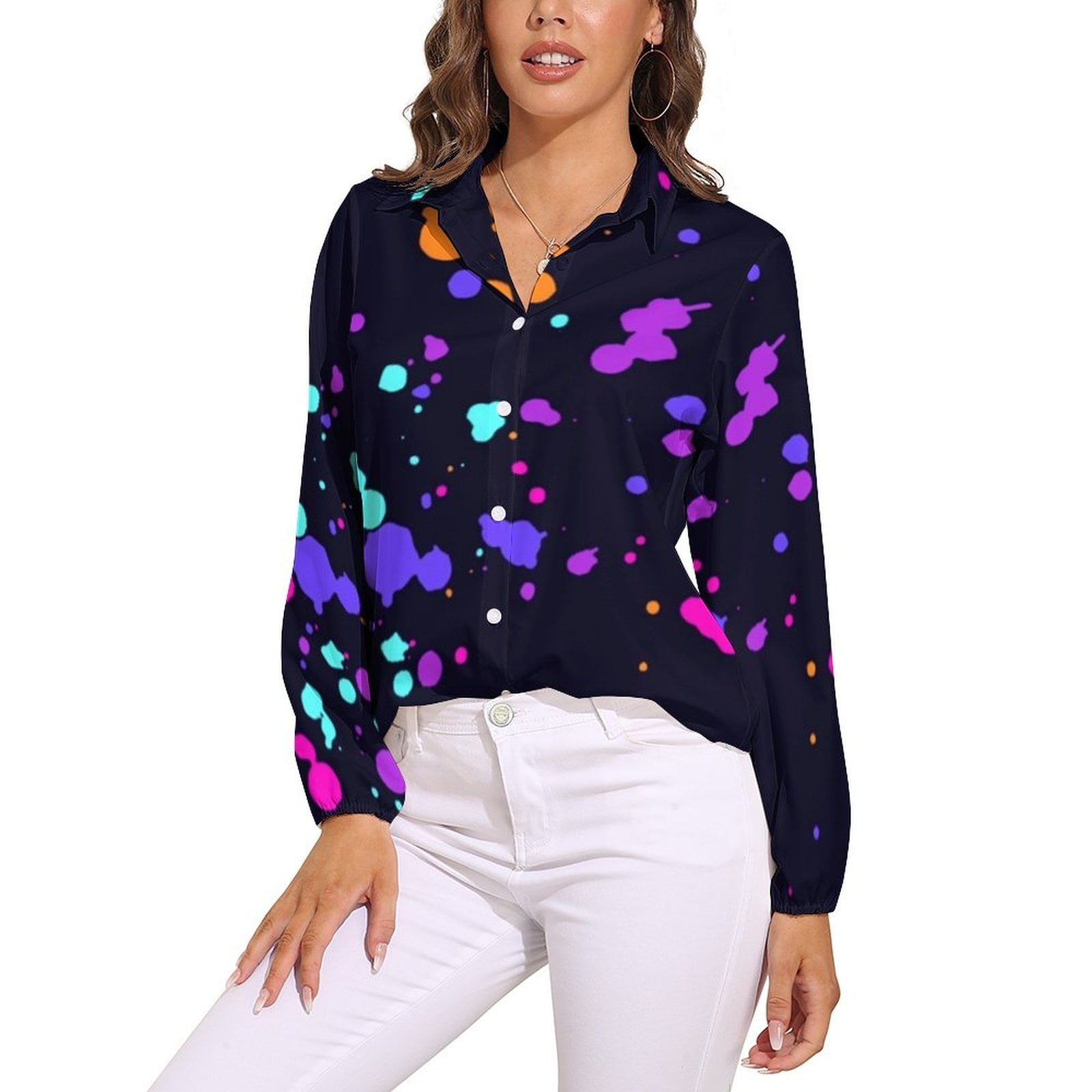 Splash Blouse Women Trendy Neon Print Street Style Loose Blouses Long ...