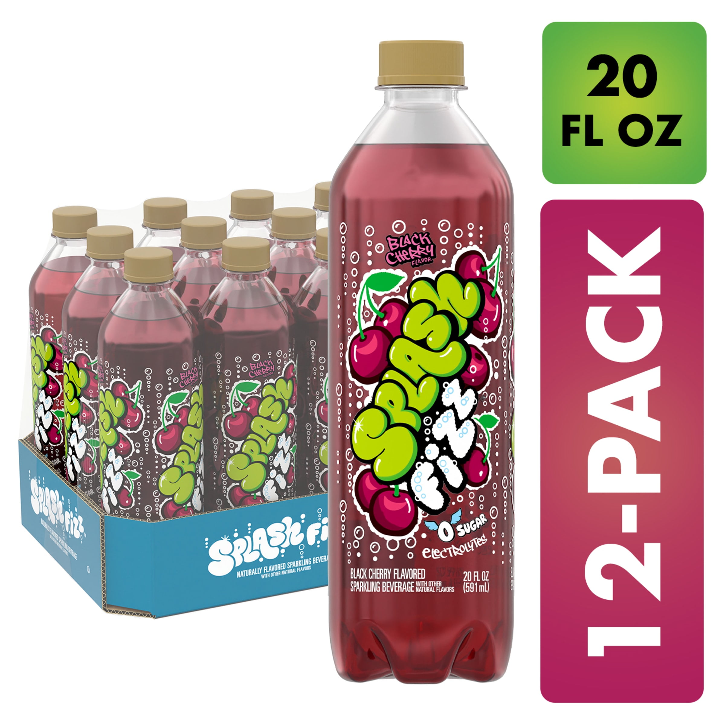 Splash Fizz Black Cherry Flavor, Sparkling Fizzy Water Beverage, 20 Fl Oz Bottles (12 Count ...