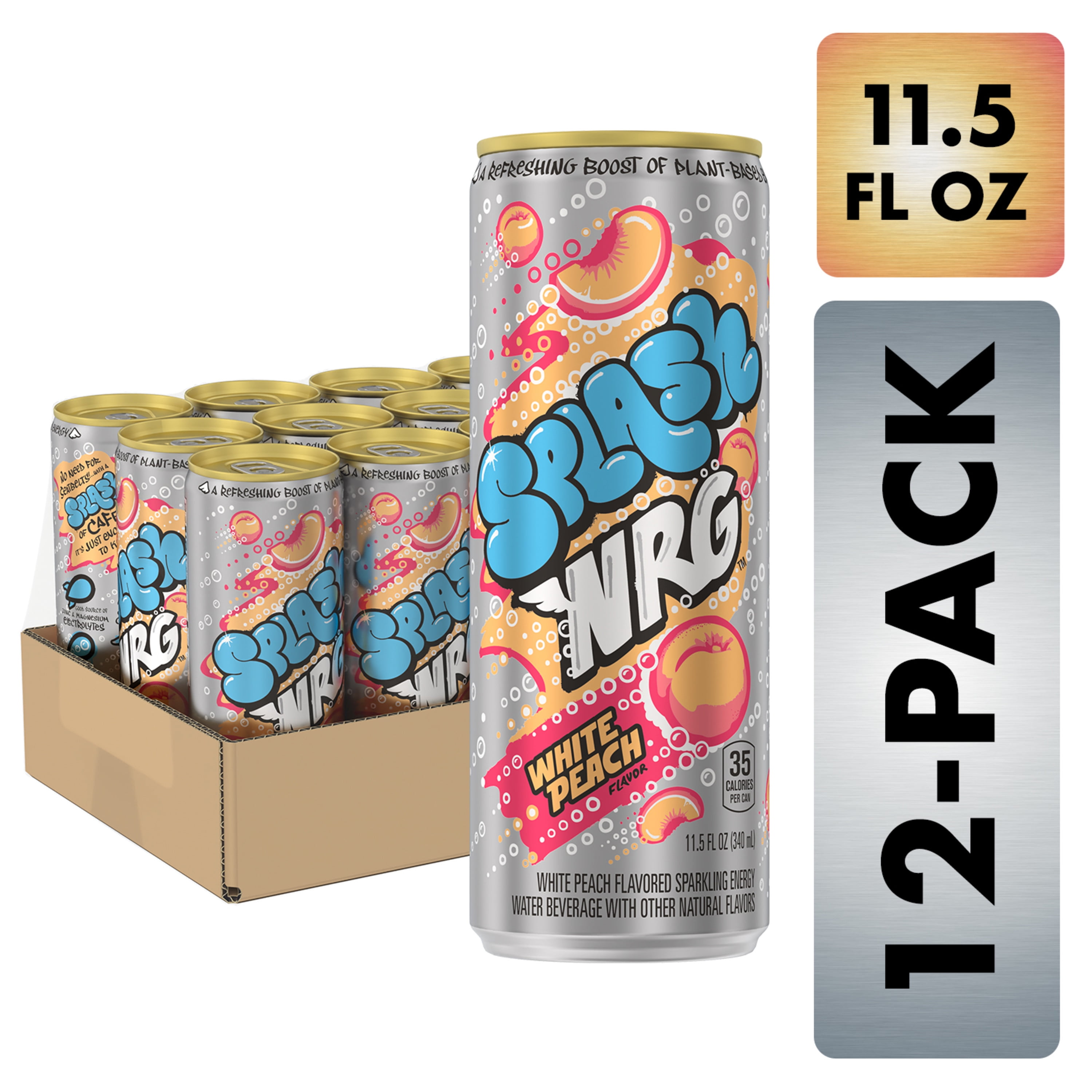 Splash NRG, White Peach Flavored Sparkling Energy Water Beverage, 11.5 ...