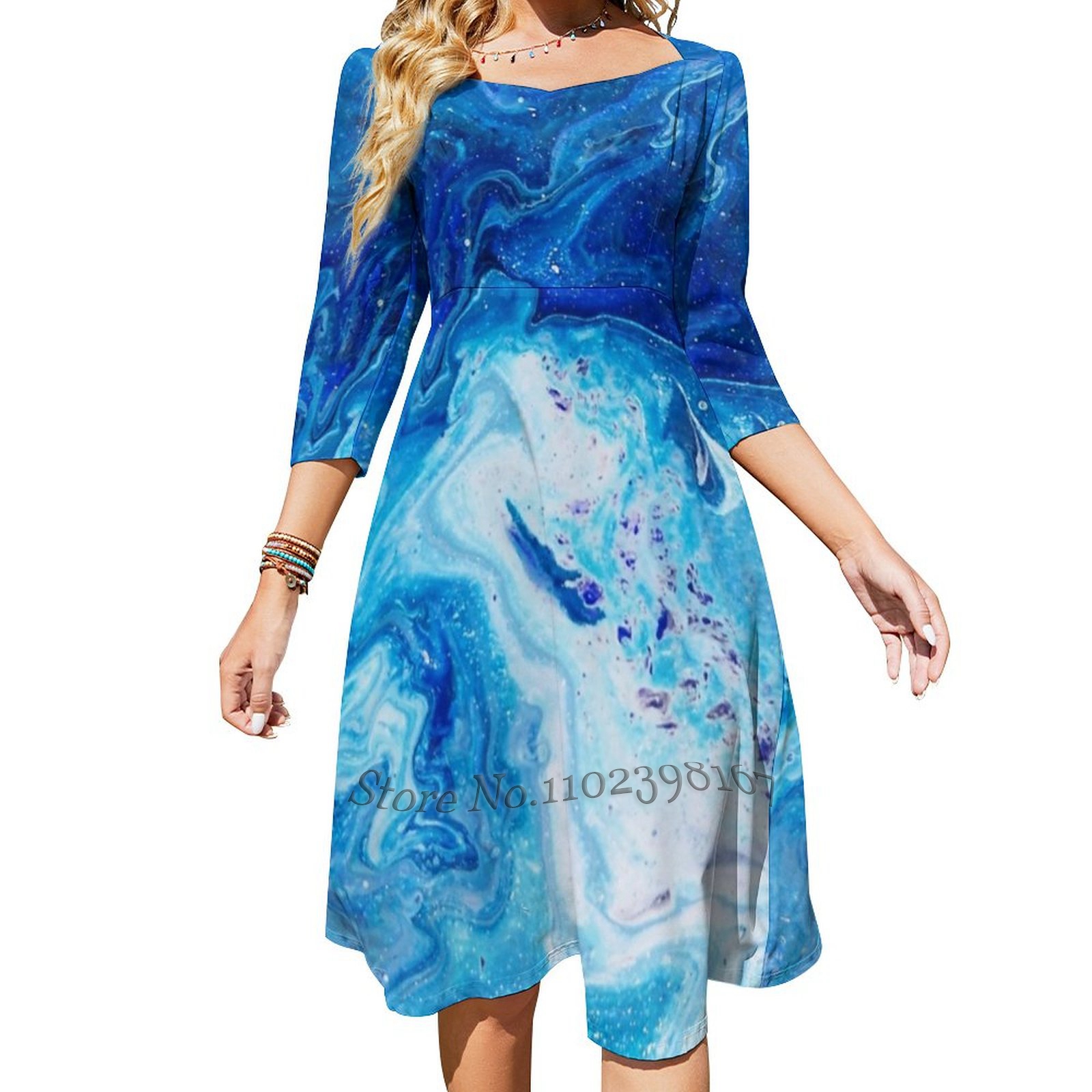 Splash Square Neck Dress New Plus Size Elegant Women Waist Tight Dress ...