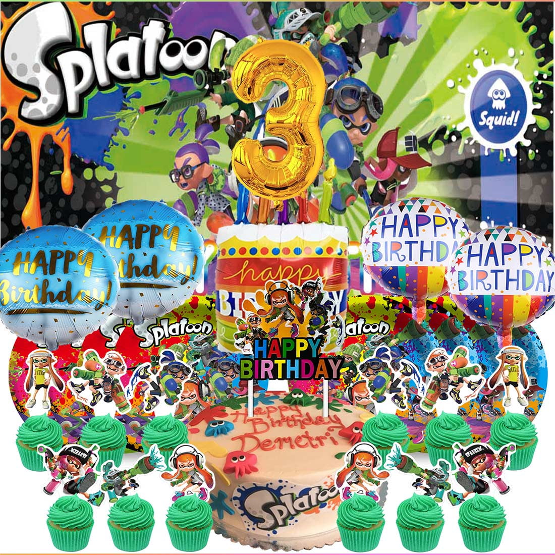 Splatoon 3rd Tableware Balloons Cake Toppers Backdrop Banner Supplies ...