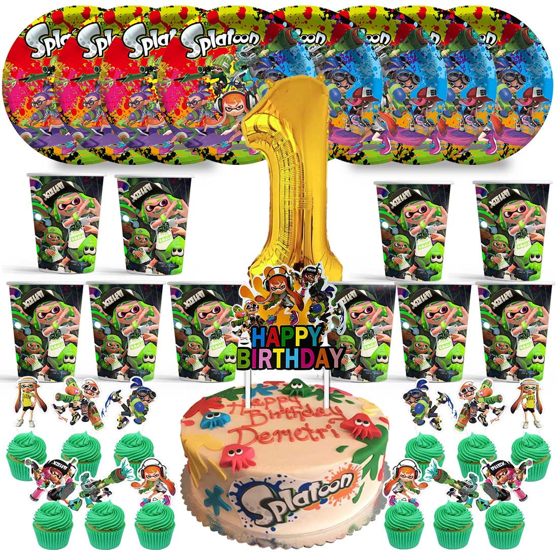 Splatoon Birthday 1st Cups Party Supplies Plates Fans Decorations Cake ...