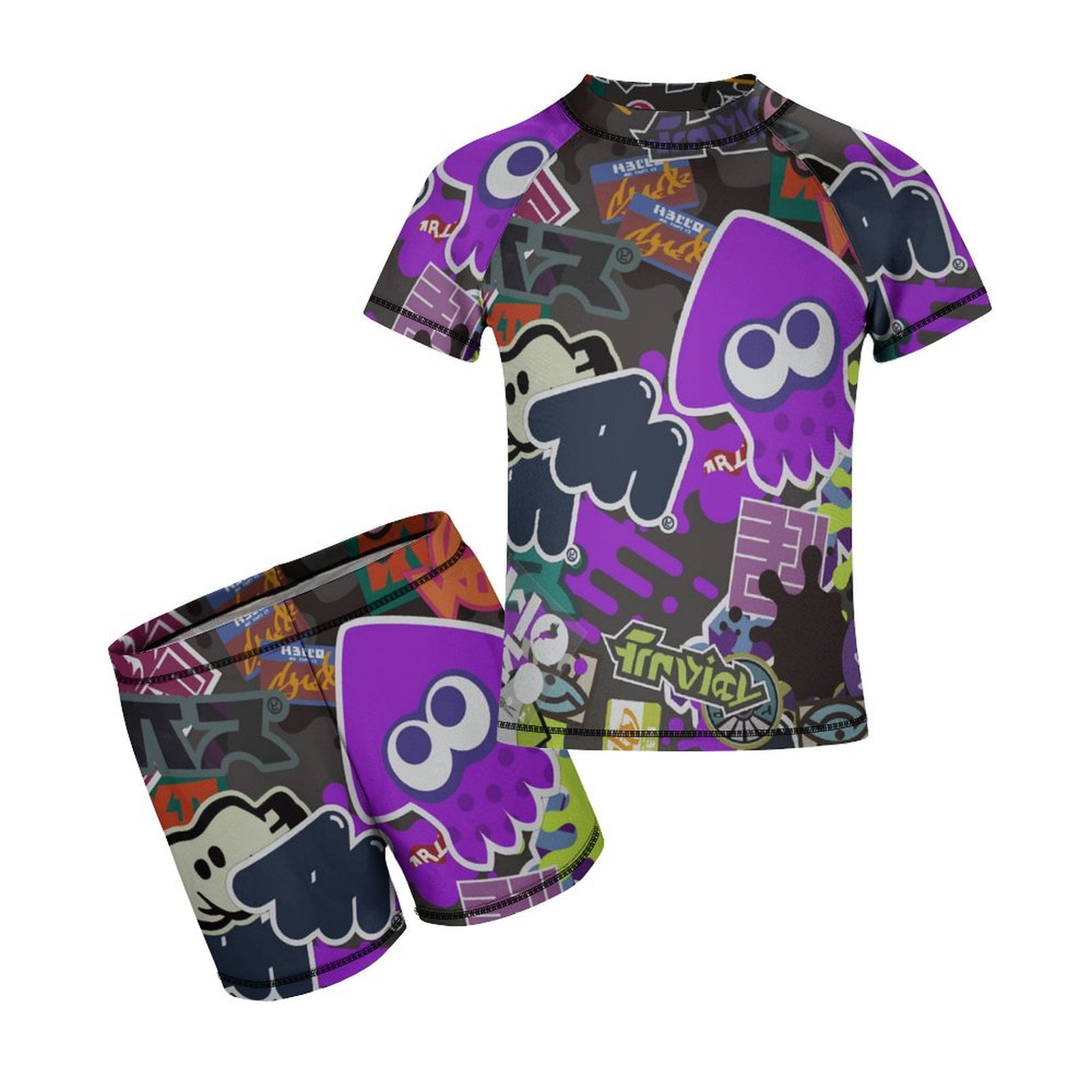 Splatoon Boys 2-Piece Swimsuit Set, Short Sleeve Rash Guard & Swim ...