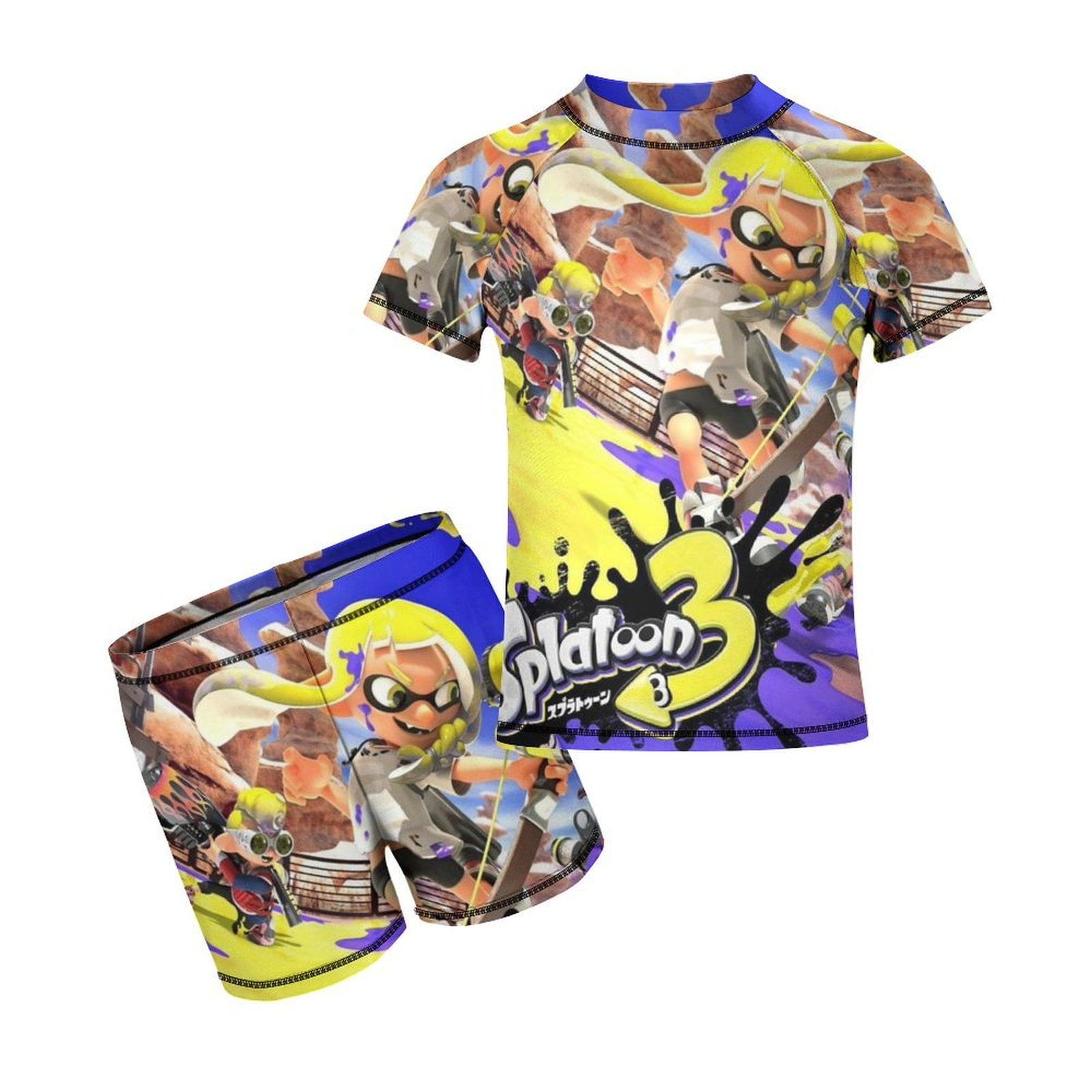Splatoon Boys 2-Piece Swimsuit Set, Short Sleeve Rash Guard & Swim ...
