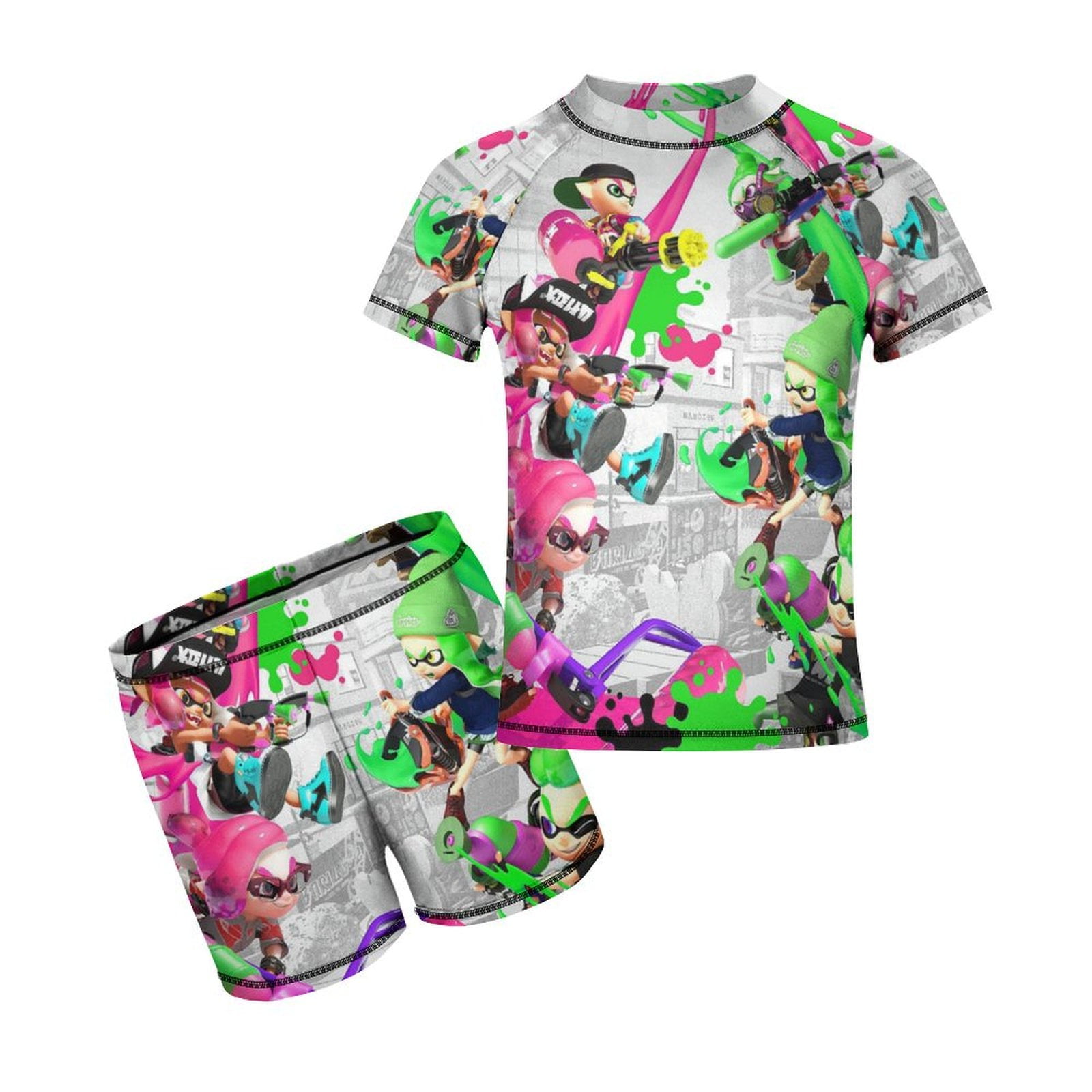 Splatoon Boys 2-Piece Swimsuit Set, Short Sleeve Rash Guard & Swim ...