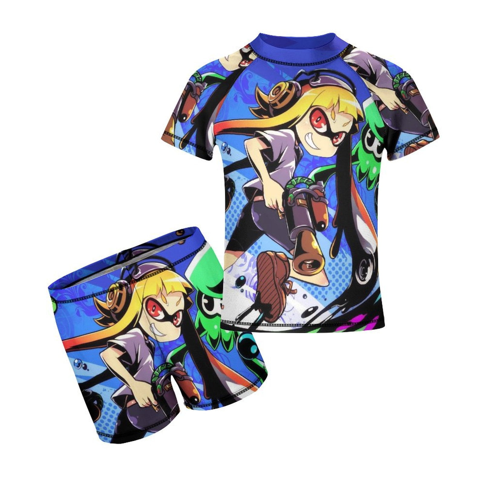 Splatoon Boys 2-Piece Swimsuit Set, Short Sleeve Rash Guard & Swim ...