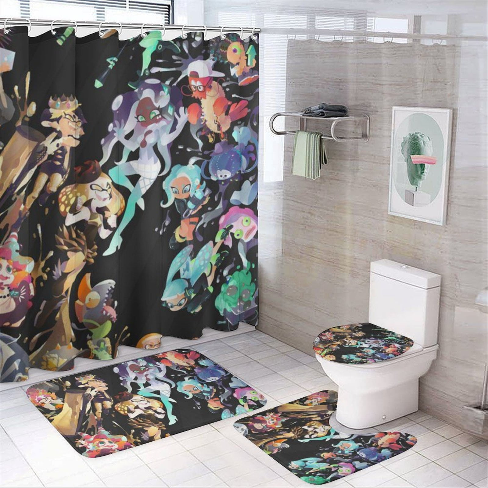 Splatoon Shower Curtain Set 4-Piece Bathroom Set with Non-Slip Rug, U ...