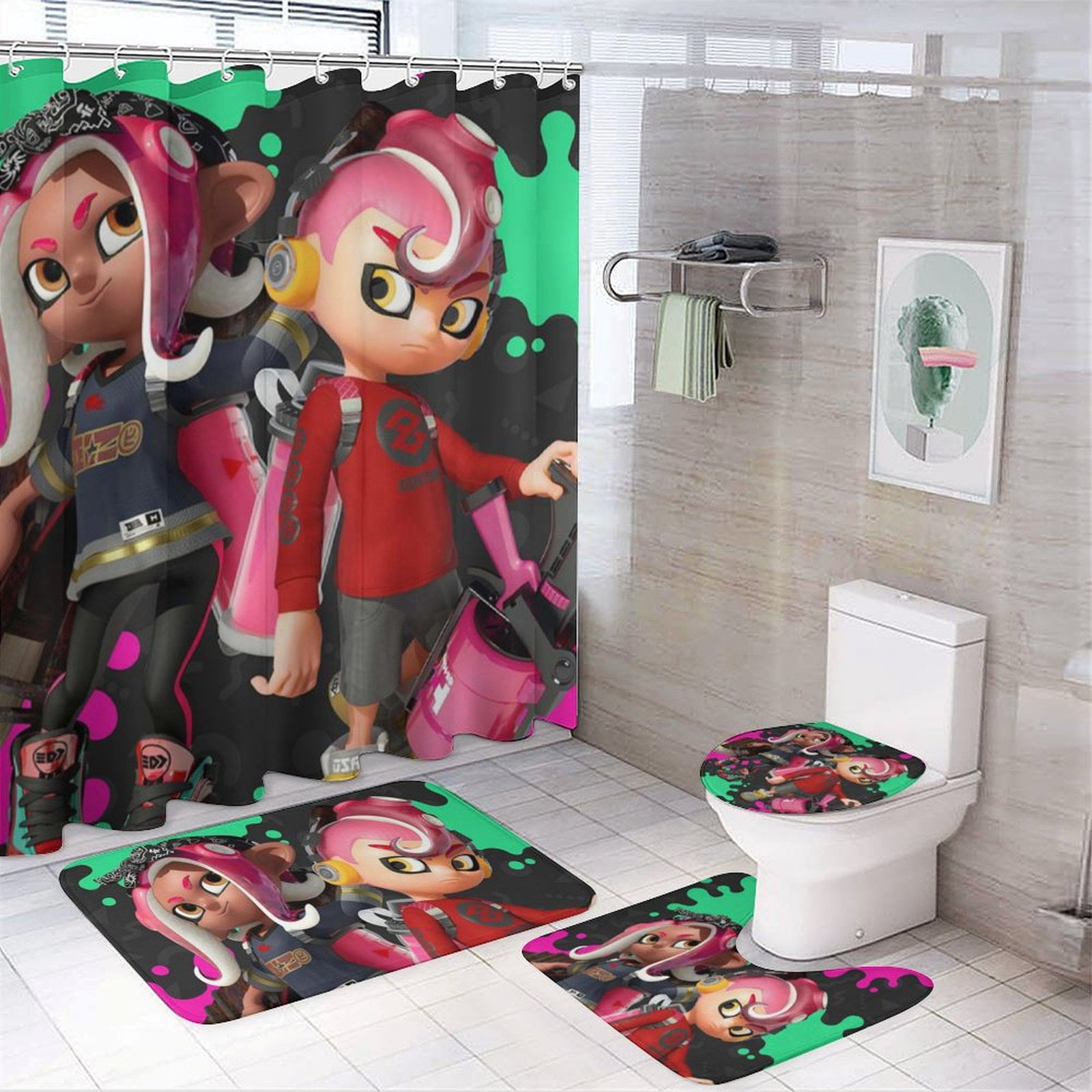 Splatoon Shower Curtain Set 4-Piece Bathroom Set with Non-Slip Rug, U ...