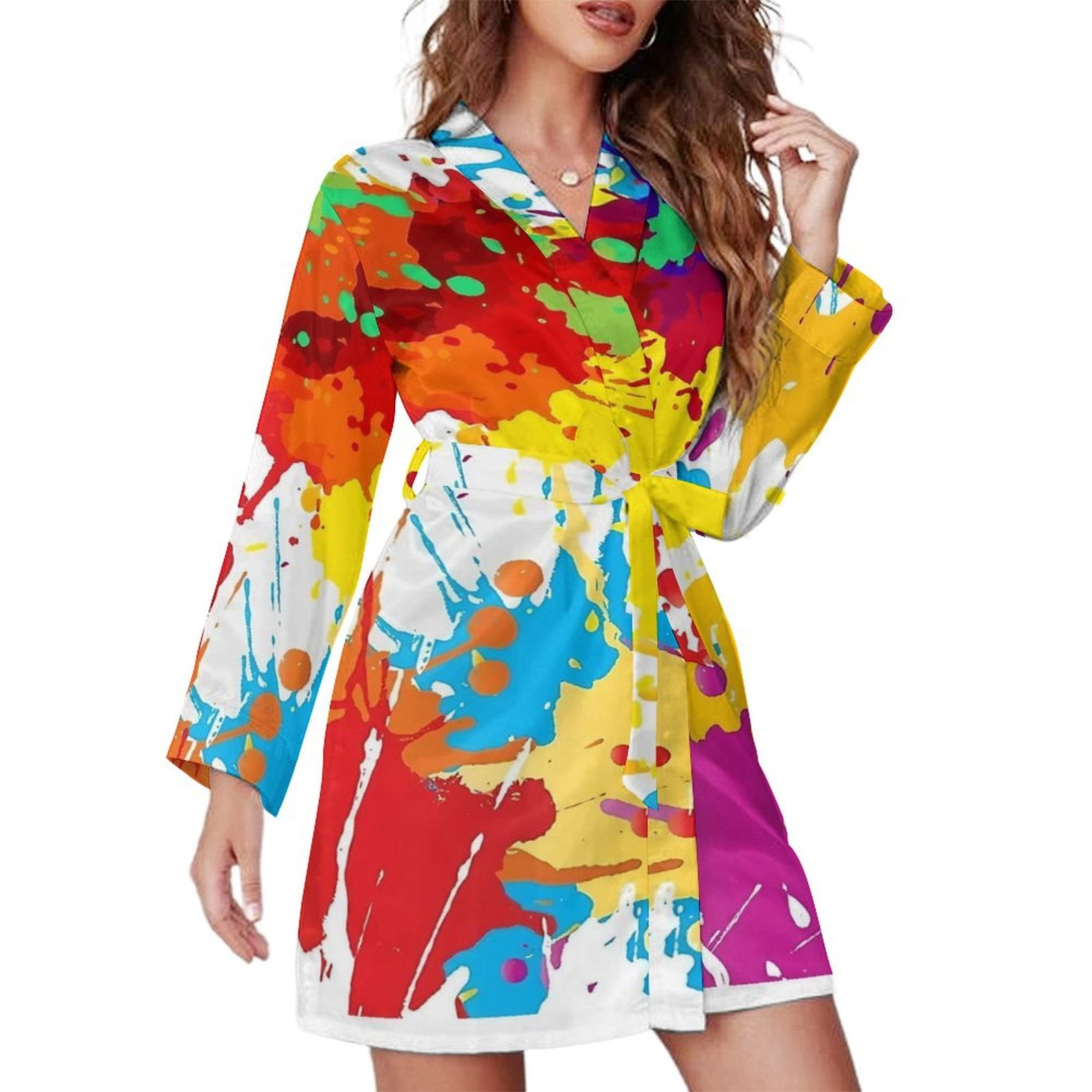 Splatter Color Background Night Robe Long Sleeve V Neck Robe With Belt ...