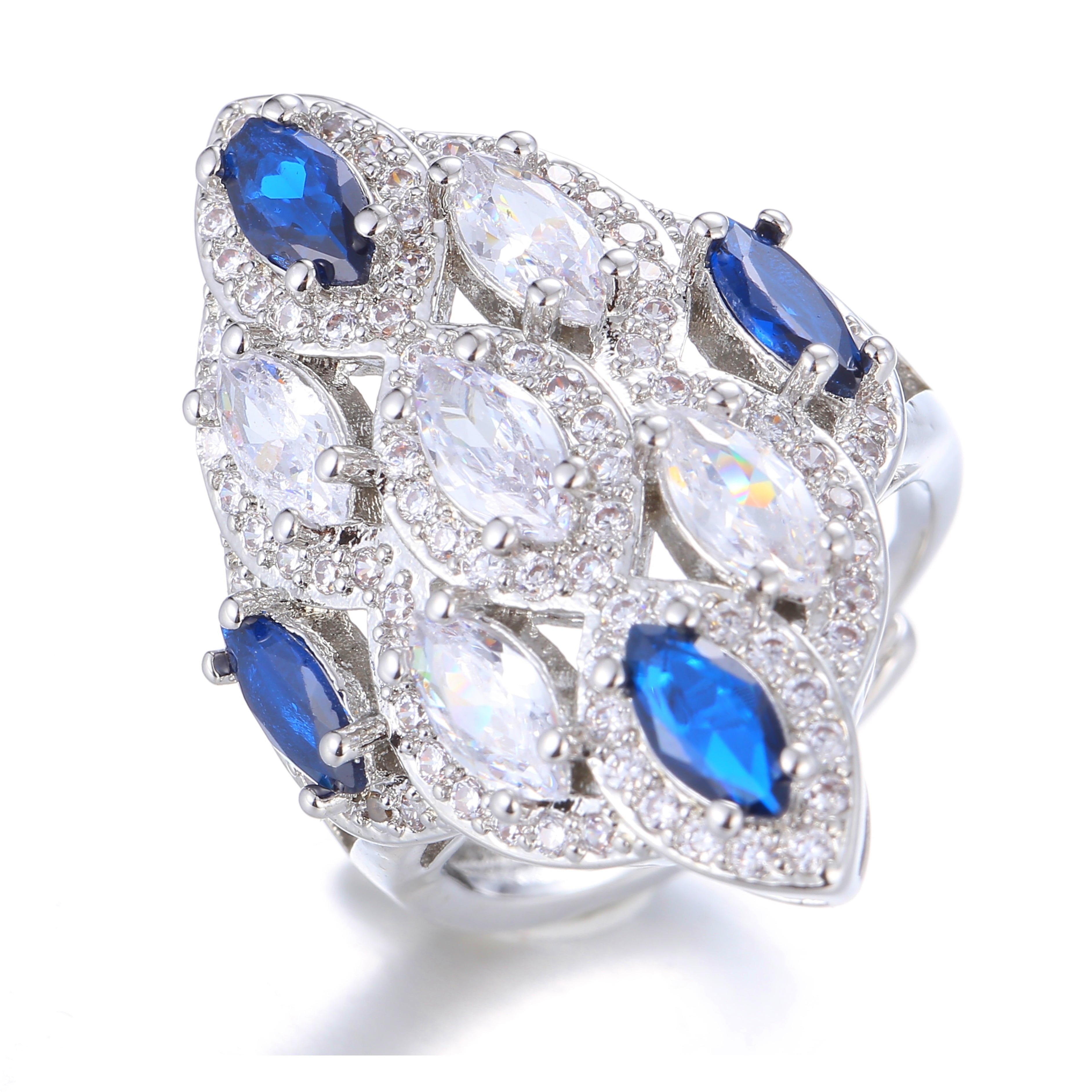 Splendid Embellished Navette Cluster Clear and Blue Dinner Ring ...
