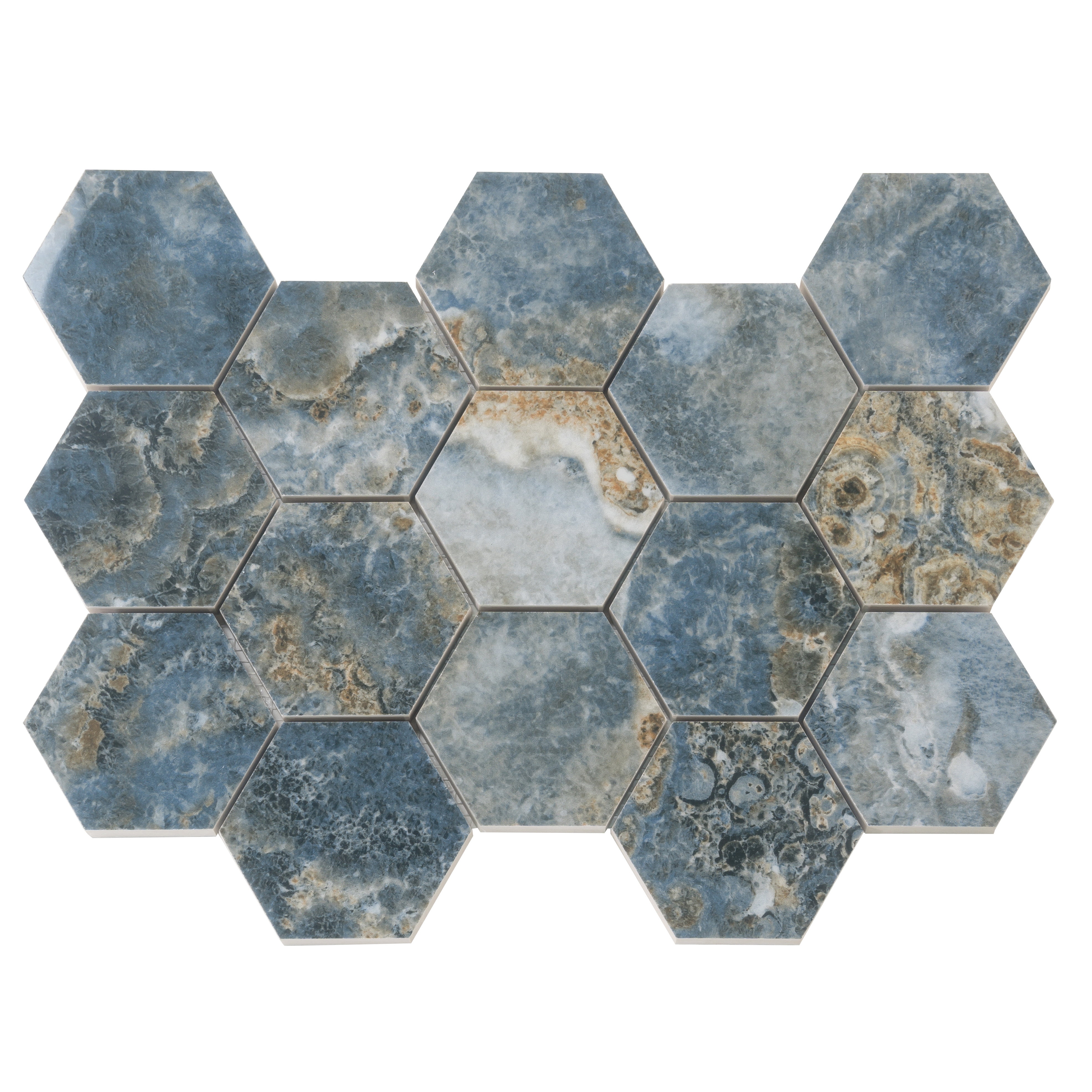 Splendor 8.9 in. x 12.8 in. Polished Blue Porcelain Mosaic Hexagon Wall ...