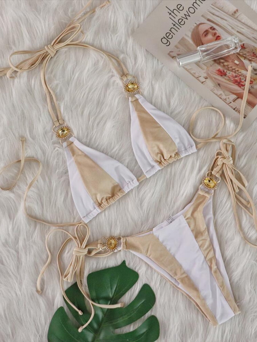 Splicing Halter Jewelled Diamond Bikini 2024 Women Swimsuit Female