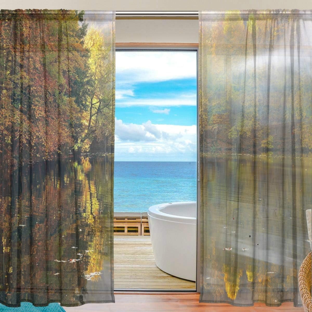 Splicing Pattern Autumn Tree Leaves Sky Semi Sheer Curtains Window ...