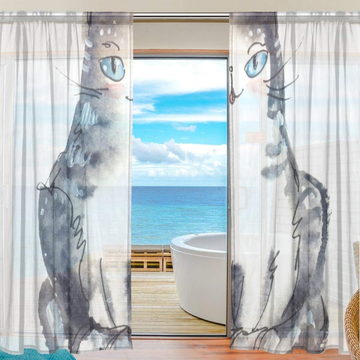 Splicing Pattern Black Cat with Blue Eyes Semi Sheer Curtains Window ...