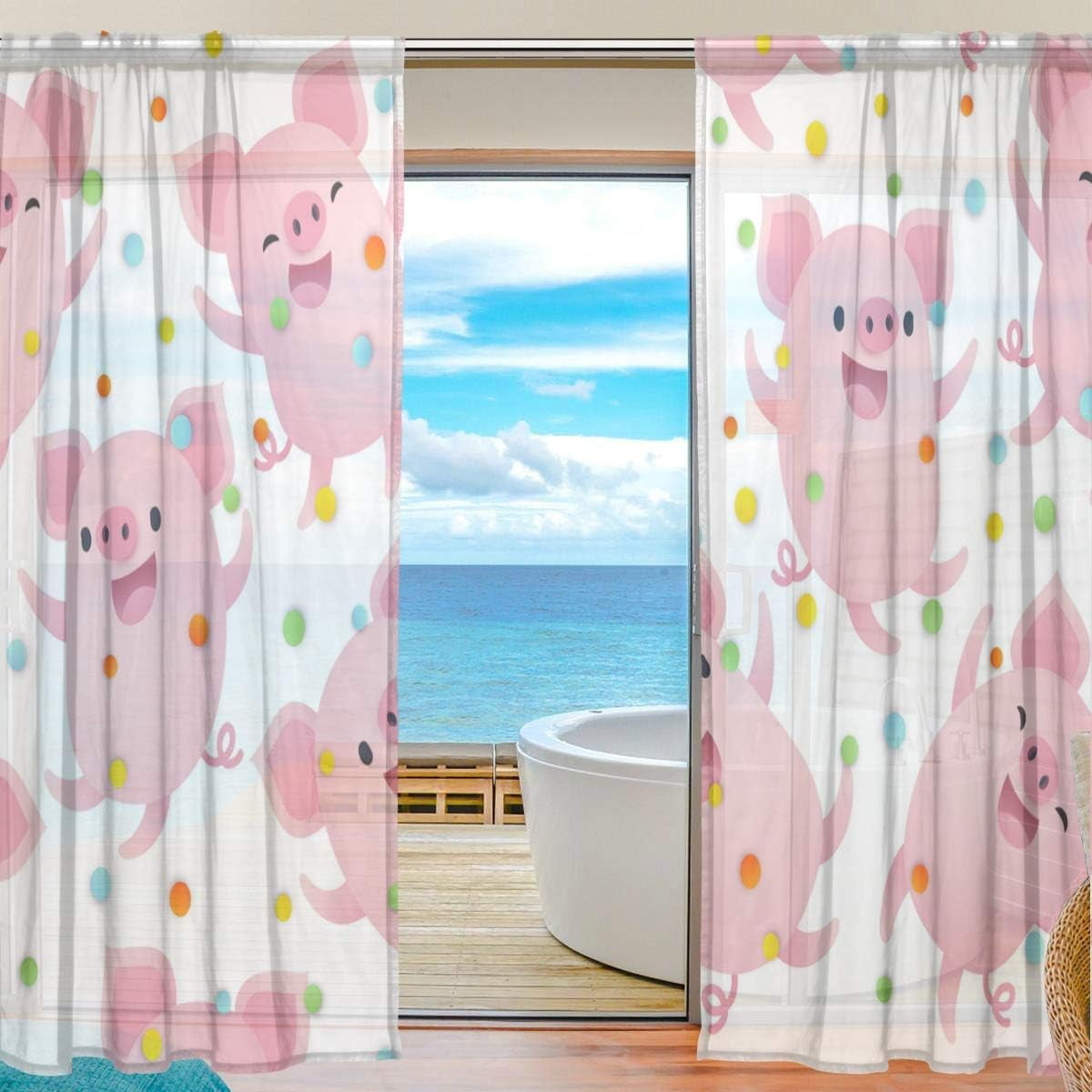 Splicing Pattern Cute Cheerful Pig Characters Semi Sheer Curtains ...