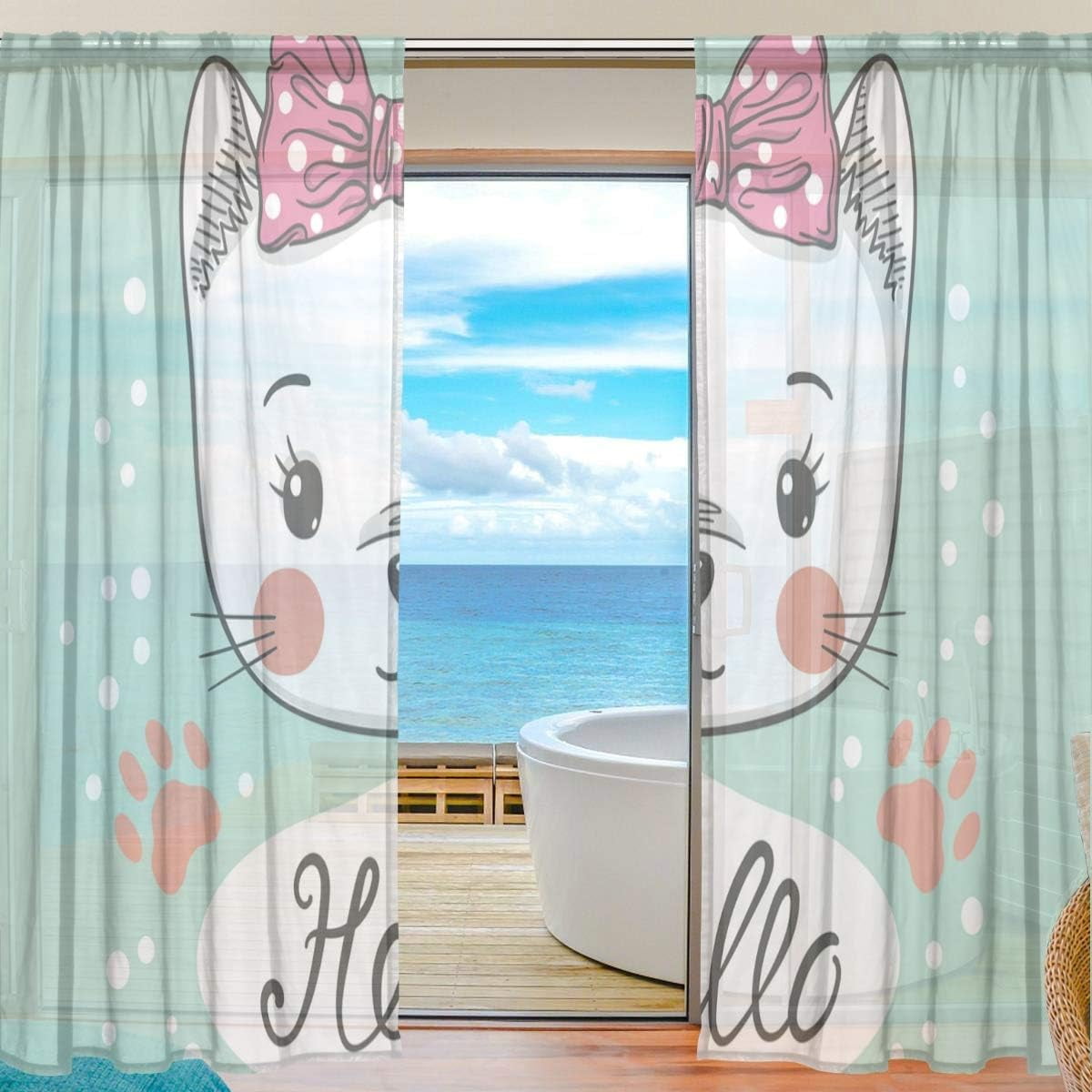 Splicing Pattern Cute Little Cat Girl Semi Sheer Curtains Window Voile ...