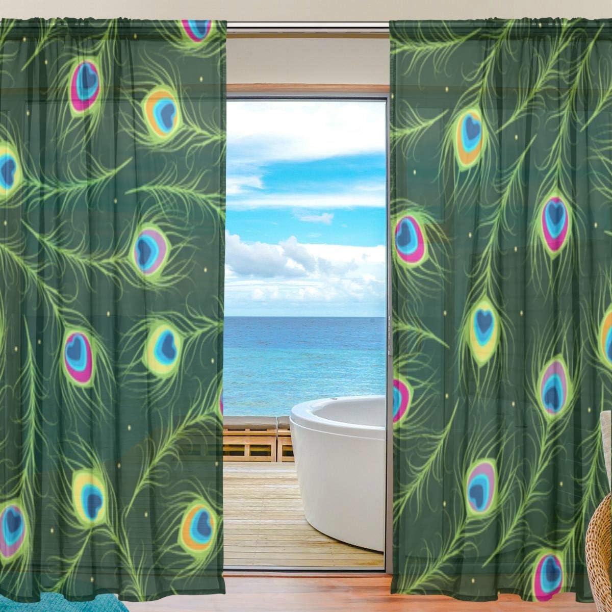 Splicing Pattern Feather Peacock Background Semi Sheer Curtains Window ...