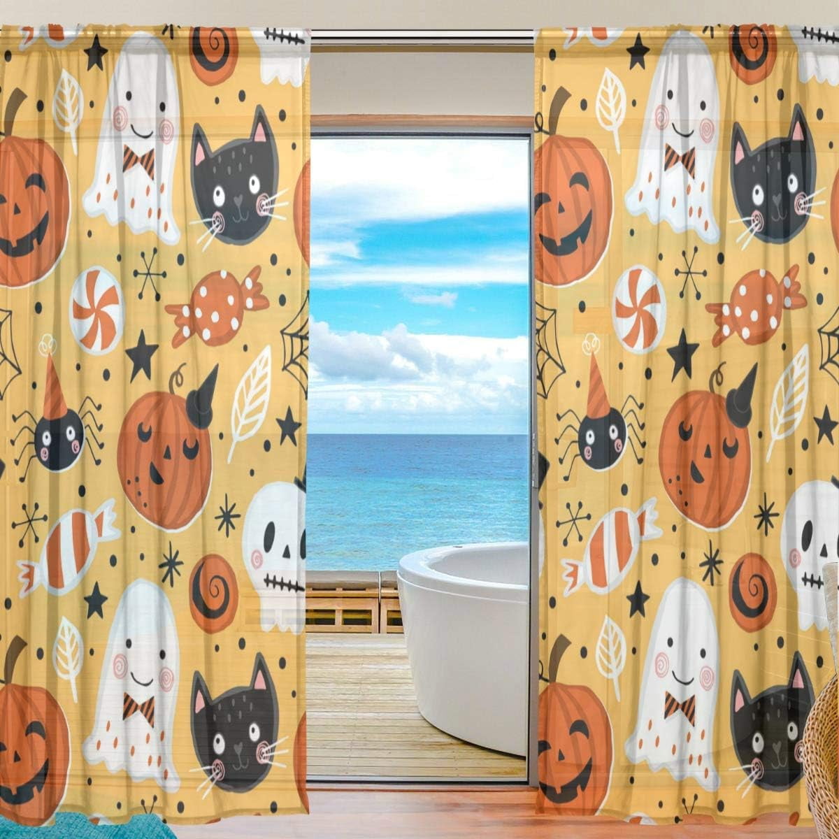 Splicing Pattern Halloween Pumpkin Ghost Cat Semi Sheer Curtains, 78 ...