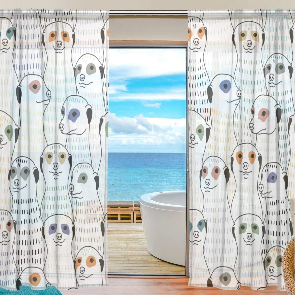 Splicing Pattern Meerkat Pattern Semi Sheer Curtains Window Voile Drapes Panels Treatment ...