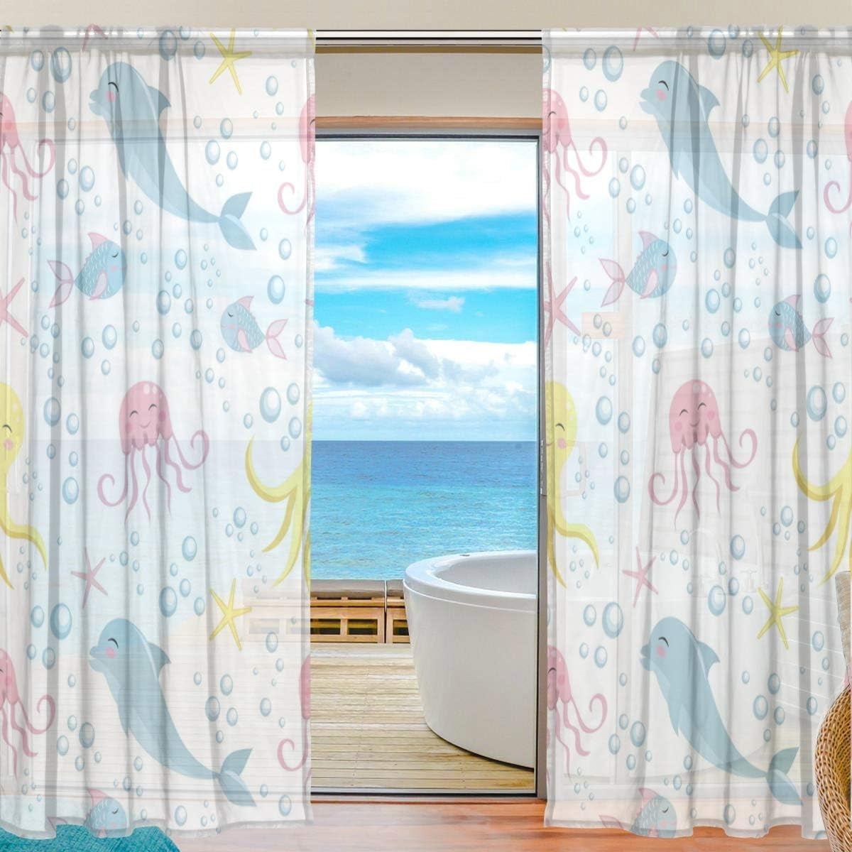Splicing Pattern Octopus Dolphin Jellyfish Starfish Semi Sheer Curtains ...
