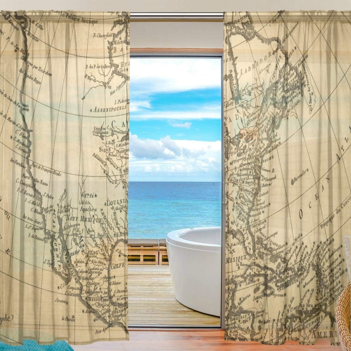 Splicing Pattern Old Map North American Semi Sheer Curtains Window ...