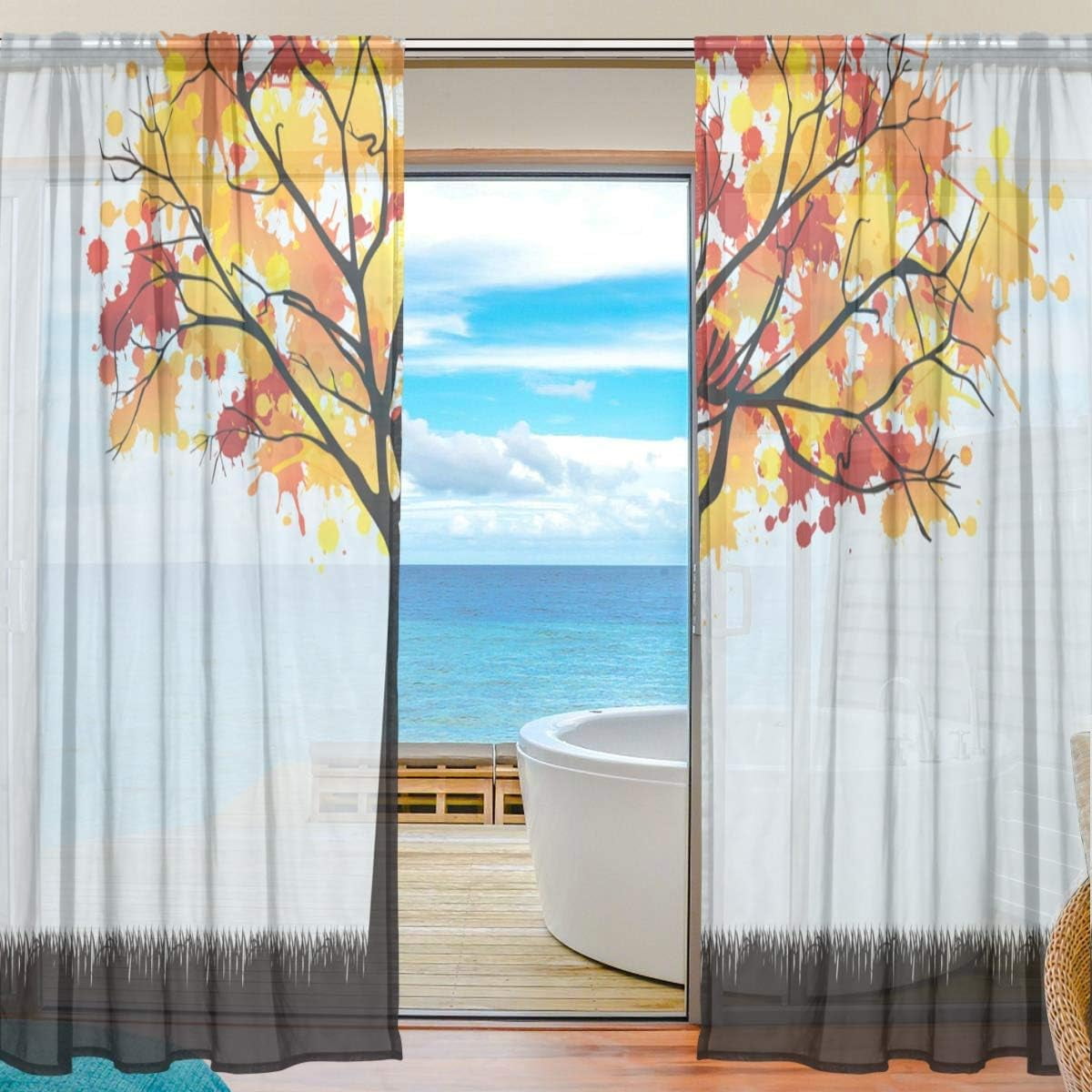 Splicing Pattern Tree Grass of Nature Semi Sheer Curtains Window Voile ...