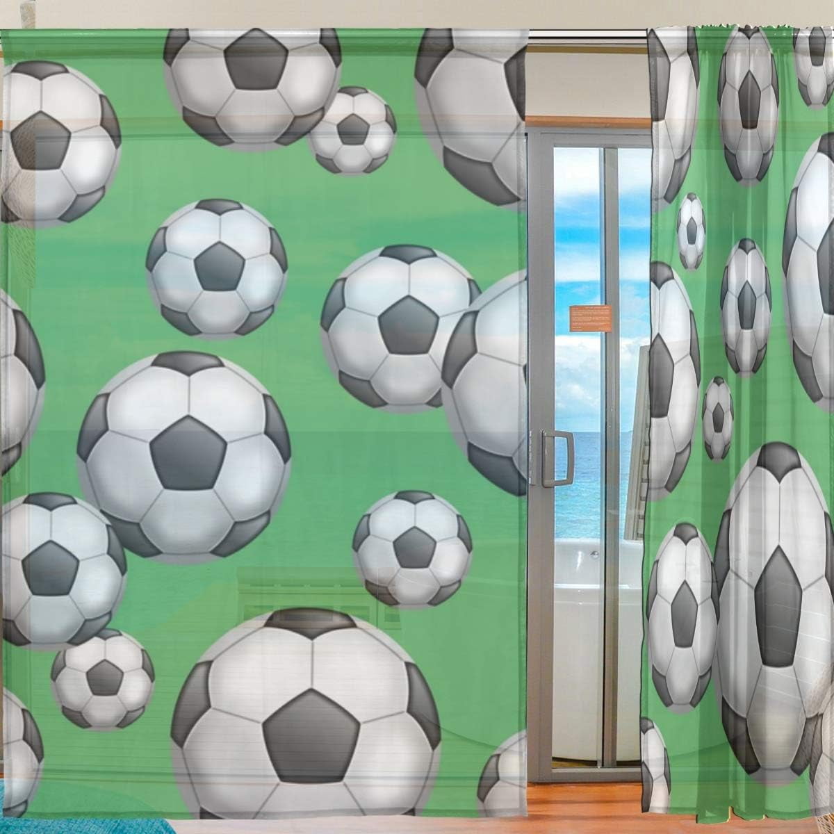 Splicing Pattern White Soccer Ball Semi Sheer Curtains Window Voile ...
