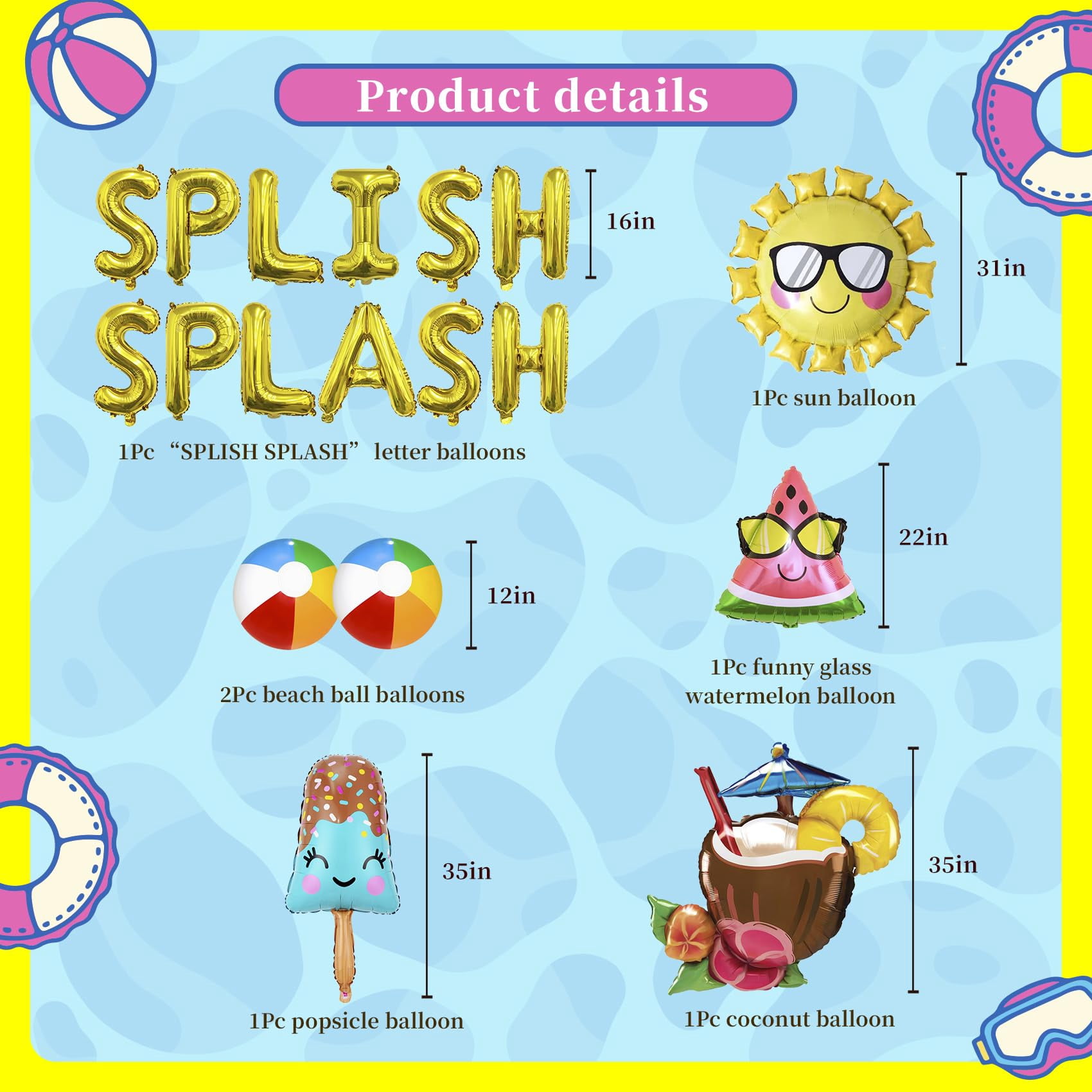 Splish Splash Birthday AJH3 Balloons Banner Beach Party Pool Party Kids Birthday Summer Ball ...