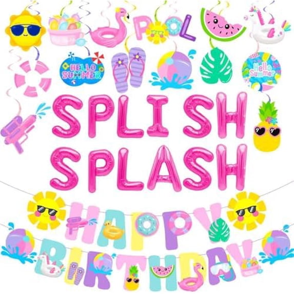 Splish Splash Birthday Decorations: Foil Balloons, Banner, for Summer ...
