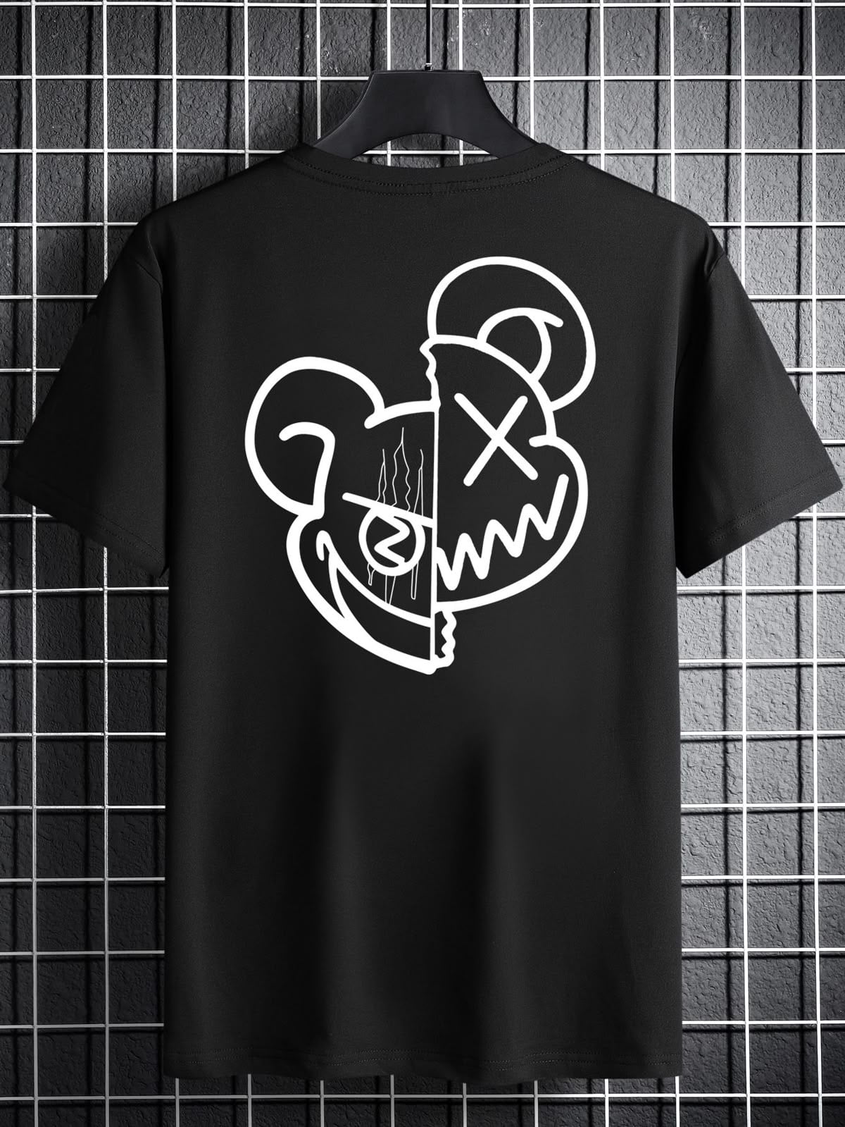 Split Bear Face Graphic Tee Urban Street Art Style Bold Cartoon ...