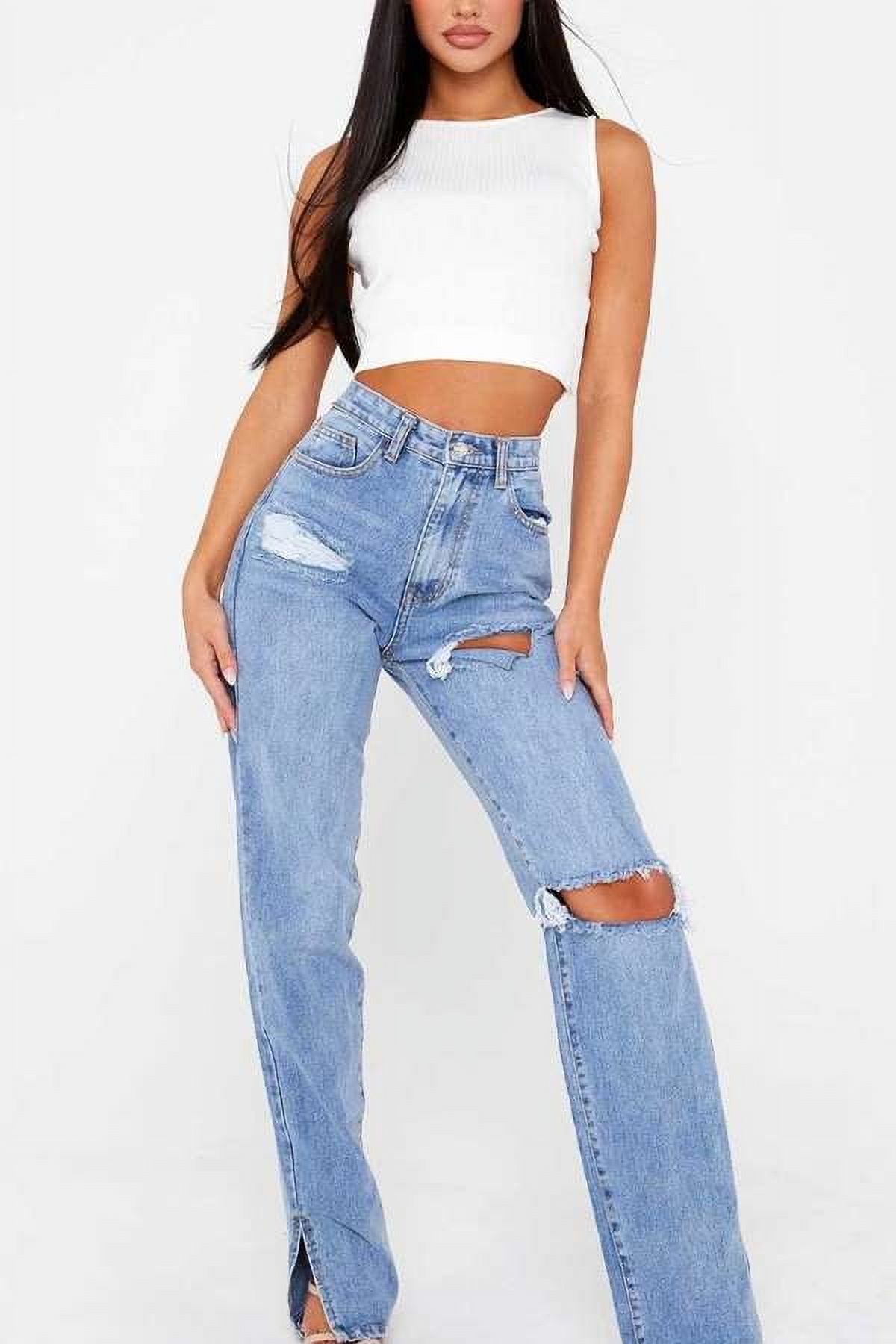 Split Cut Hem Straight Leg Jeans (S, Black) - Walmart.com