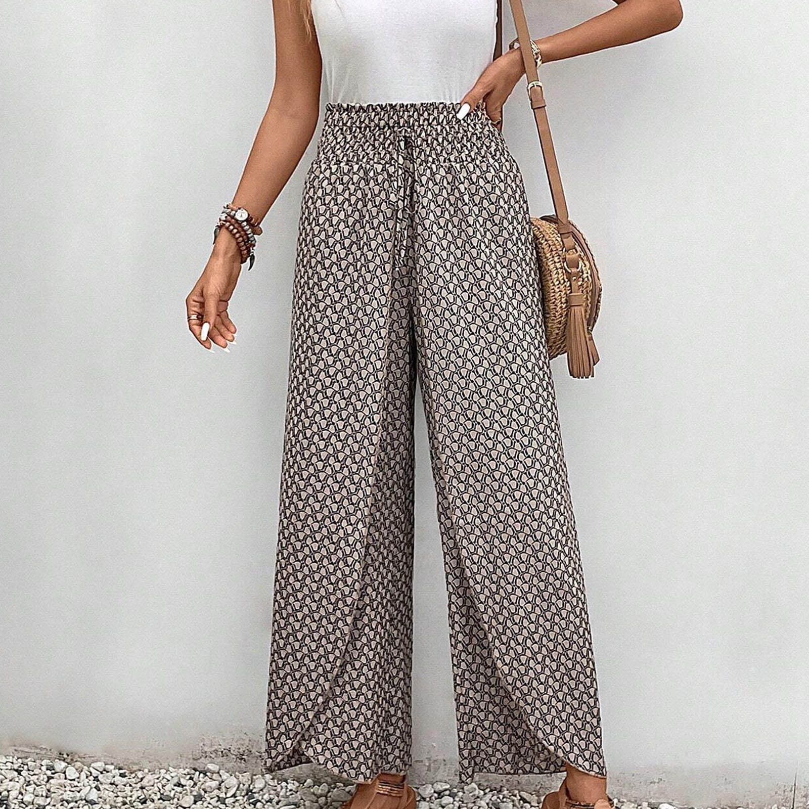 Split Flowy Pants for Women Tulip Pants Boho High Rise Elastic Waisted ...
