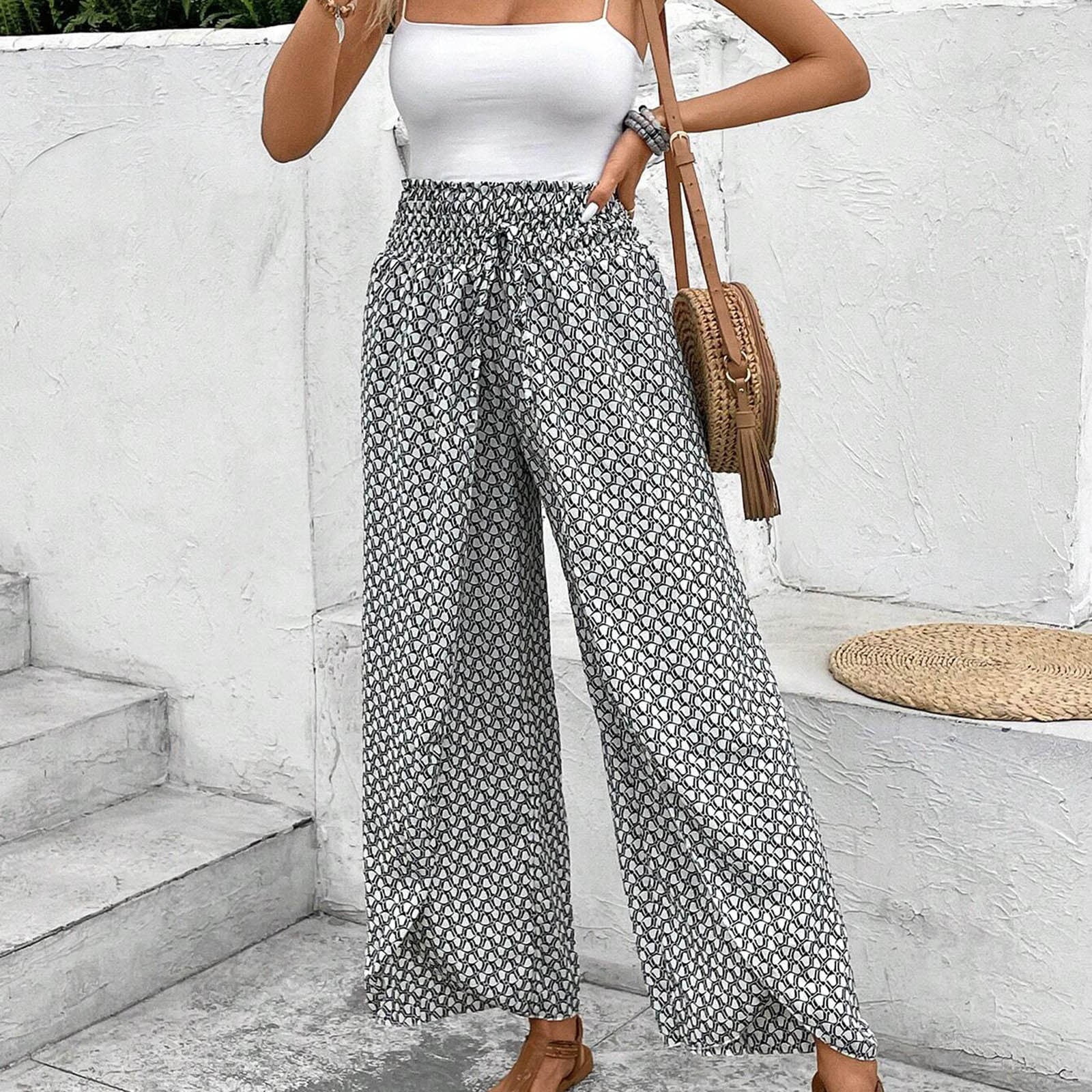 Split Flowy Pants for Women Tulip Pants Boho High Rise Elastic Waisted ...