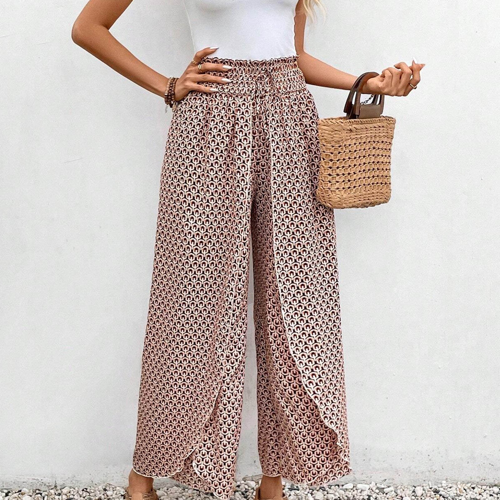 Split Flowy Pants for Women Tulip Pants High Rise Elastic Waisted Wide ...