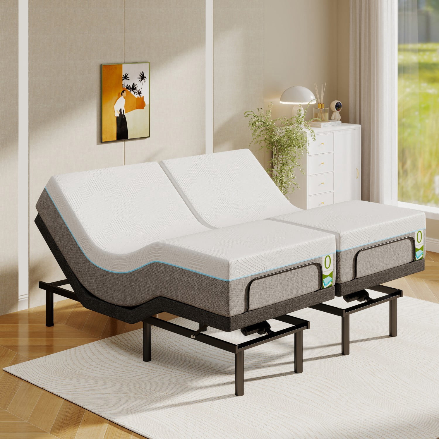 Split King Adjustable Bed Frame with Mattress,12 Inch White Gel Memory ...